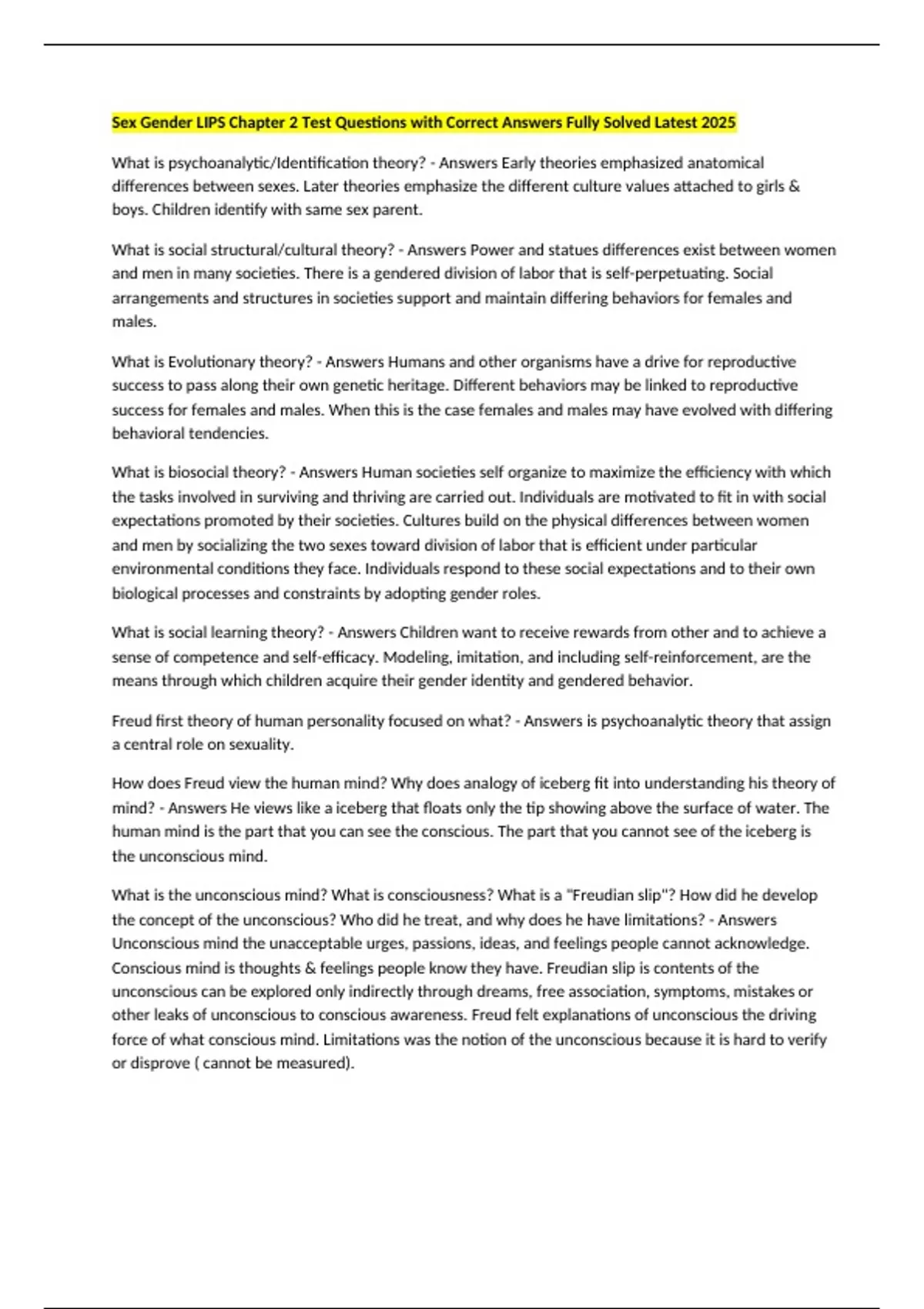 Sex Gender LIPS Chapter 2 Test Questions with Correct Answers Fully ...