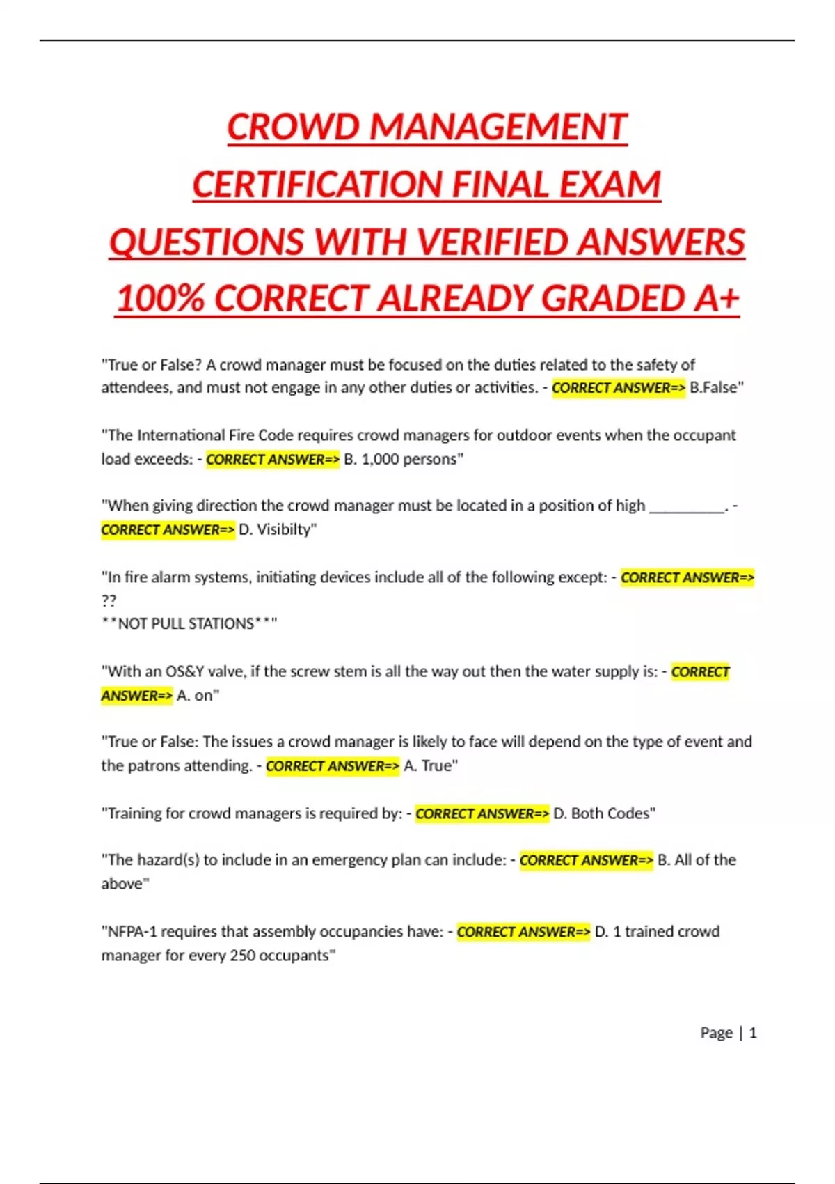 CROWD MANAGEMENT CERTIFICATION FINAL EXAM QUESTIONS WITH VERIFIED ...