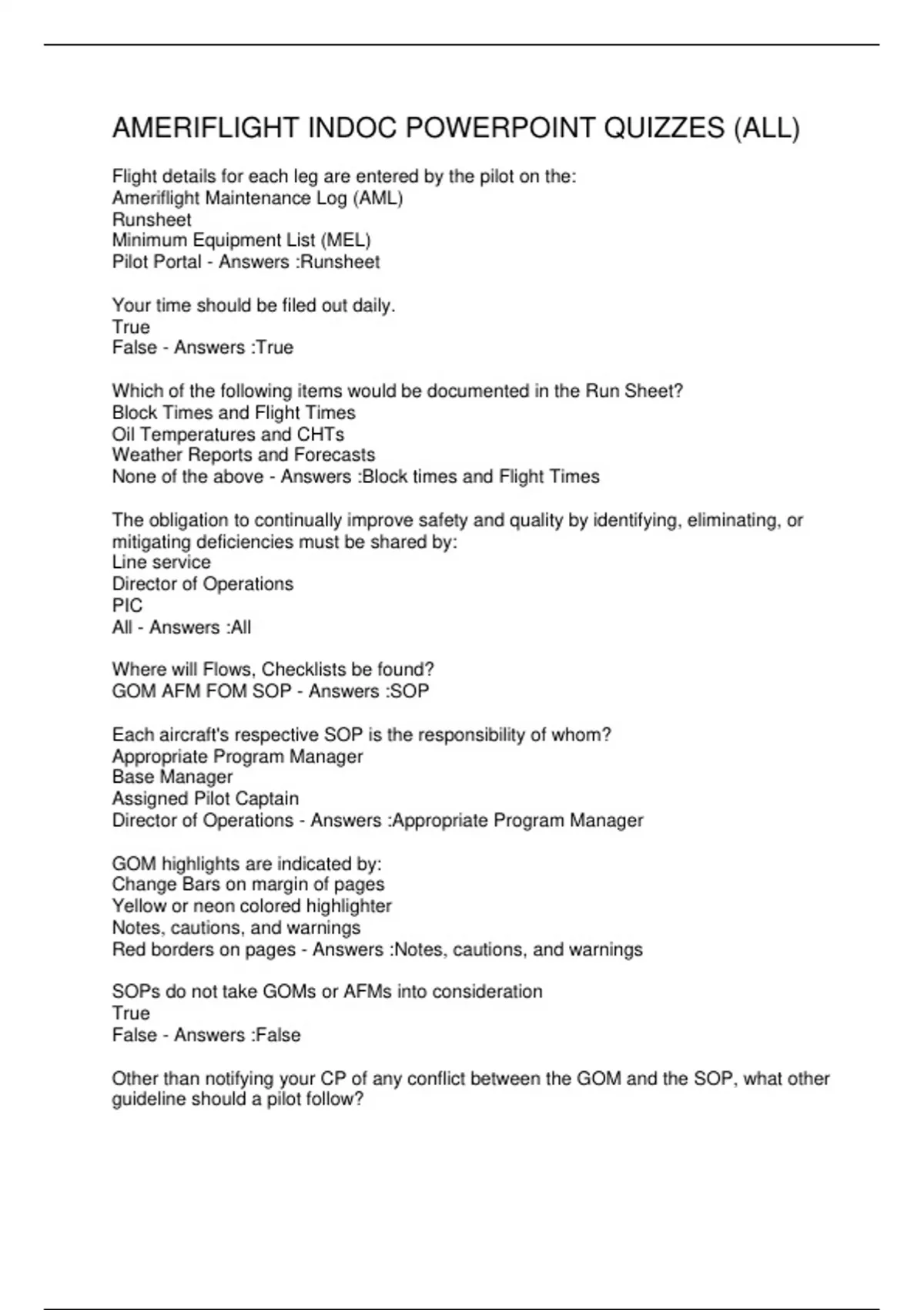 AMERIFLIGHT INDOC POWERPOINT QUIZZES (ALL) - AMERIFLIGHT - Stuvia US