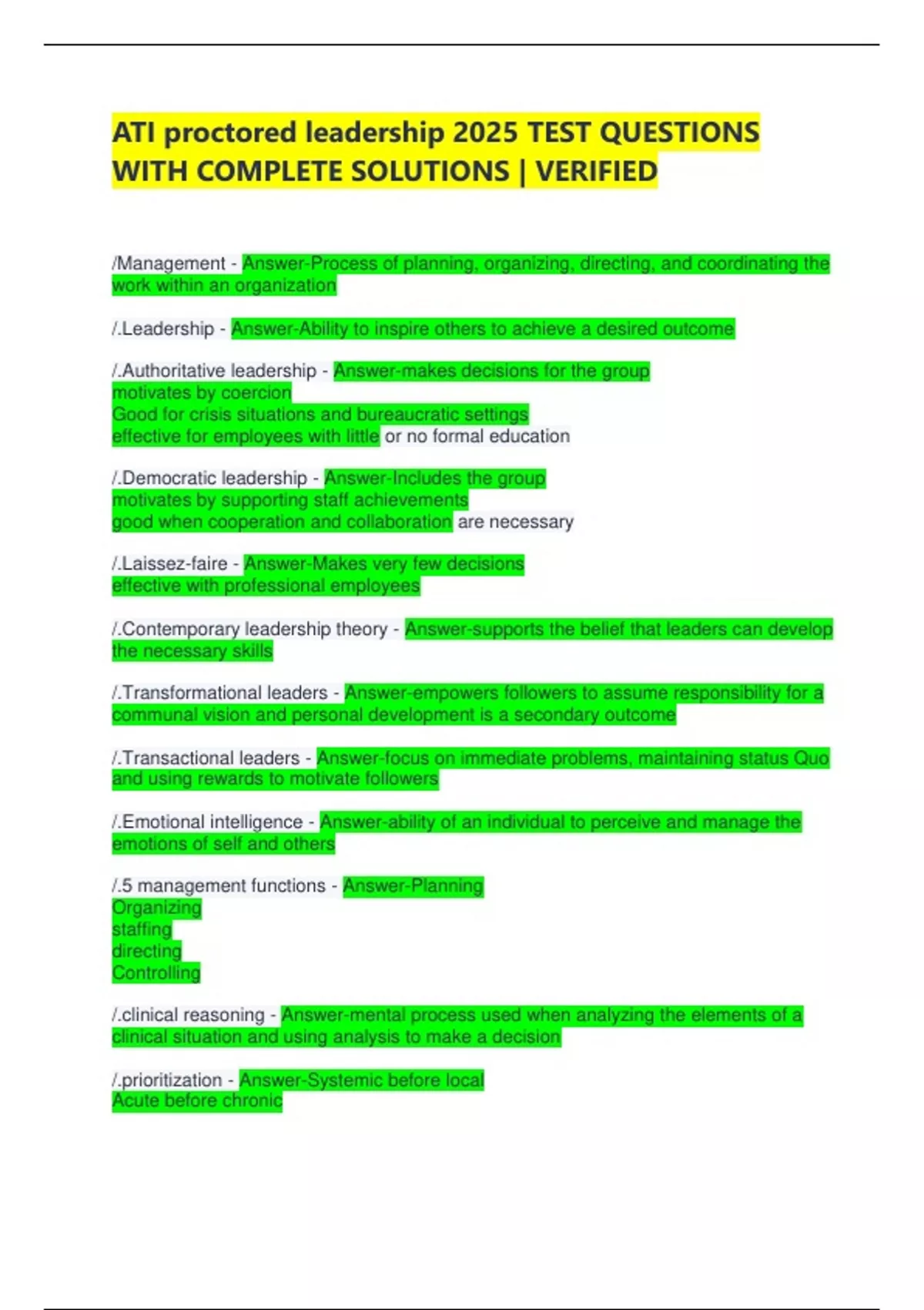 ATI proctored leadership 2025 TEST QUESTIONS WITH COMPLETE SOLUTIONS ...