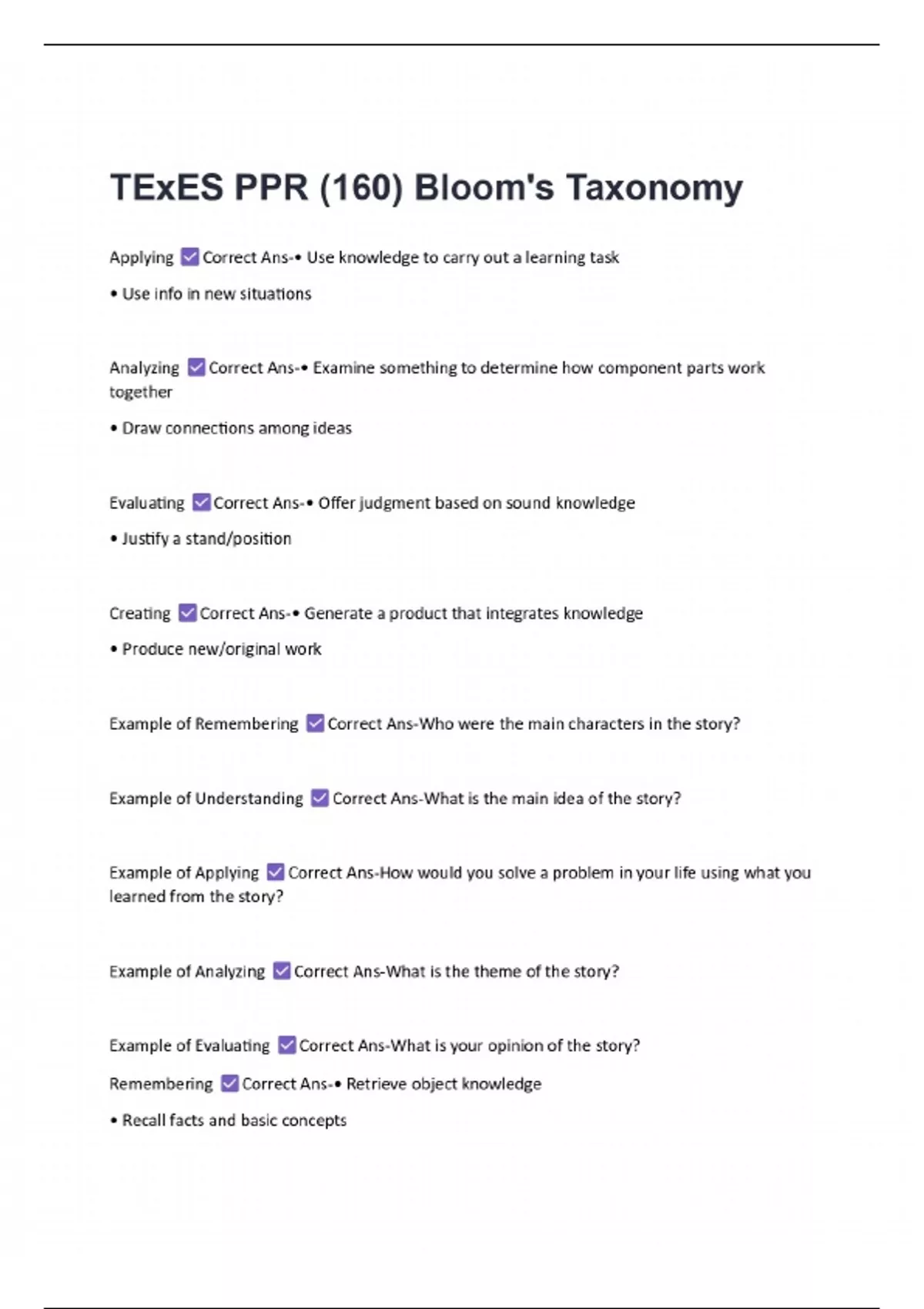 TExES PPR (160) Bloom's Taxonomy Questions with Correct Answers - TExES PPR ... - Stuvia US