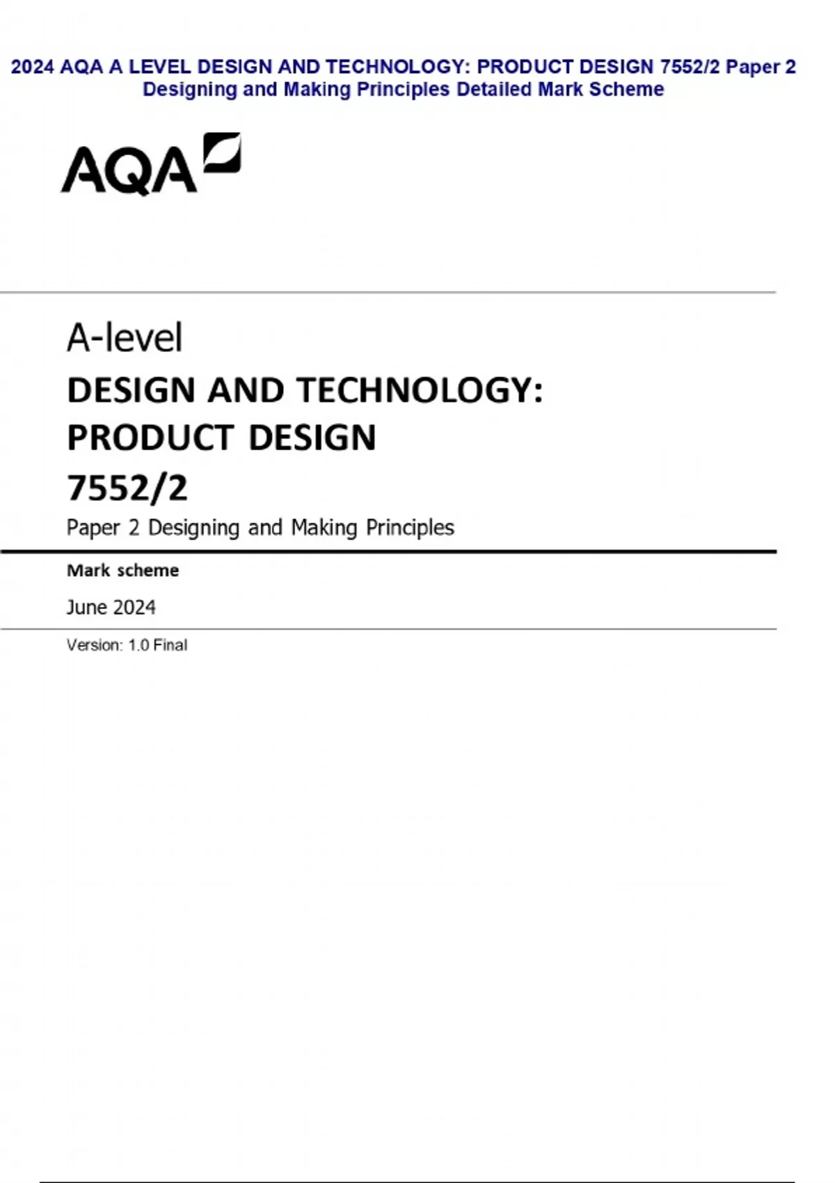 2024 AQA A LEVEL DESIGN AND TECHNOLOGY: PRODUCT DESIGN 7552/2 Paper 2 ...