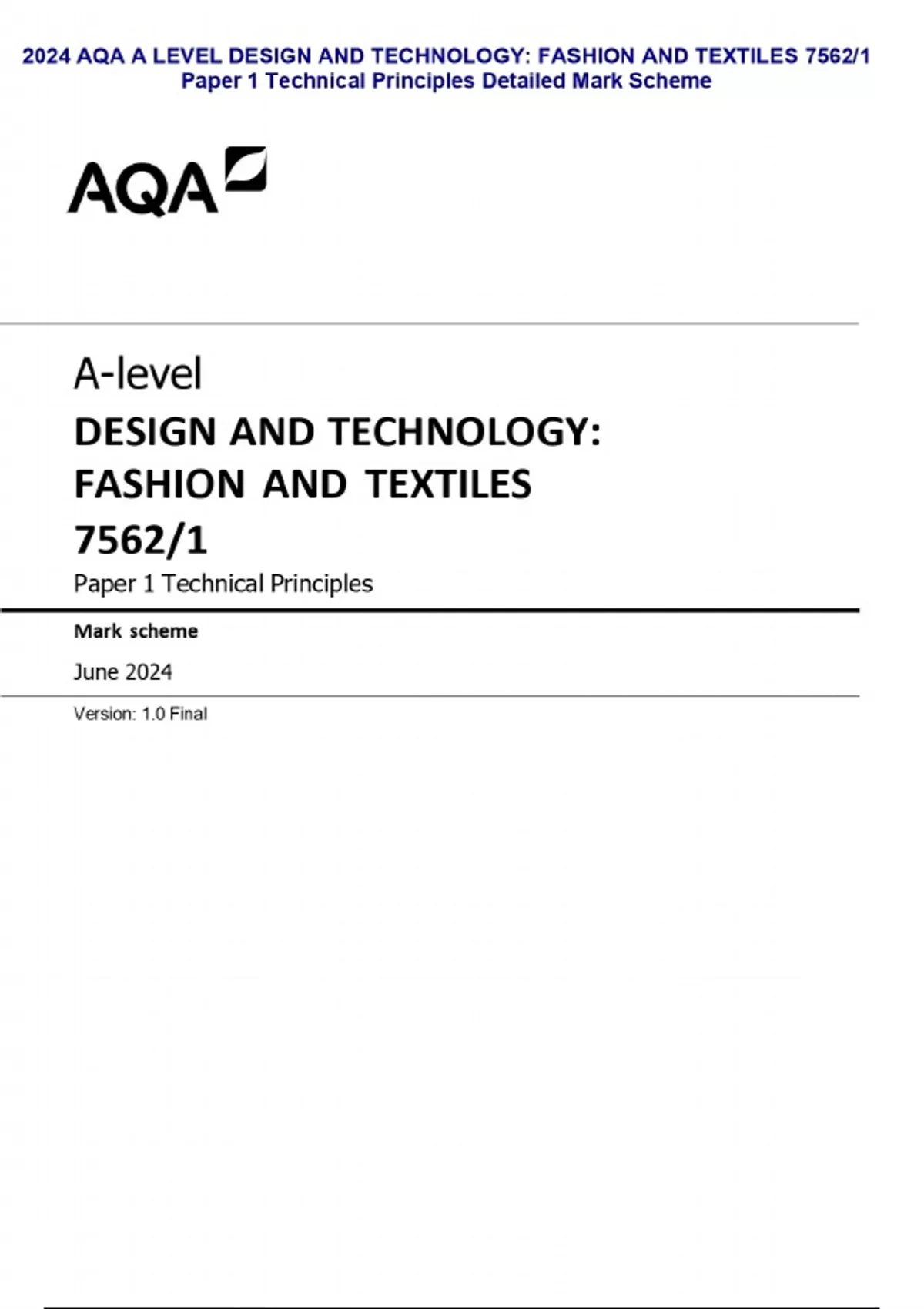 2024 AQA A LEVEL DESIGN AND TECHNOLOGY: FASHION AND TEXTILES 7562/1 ...