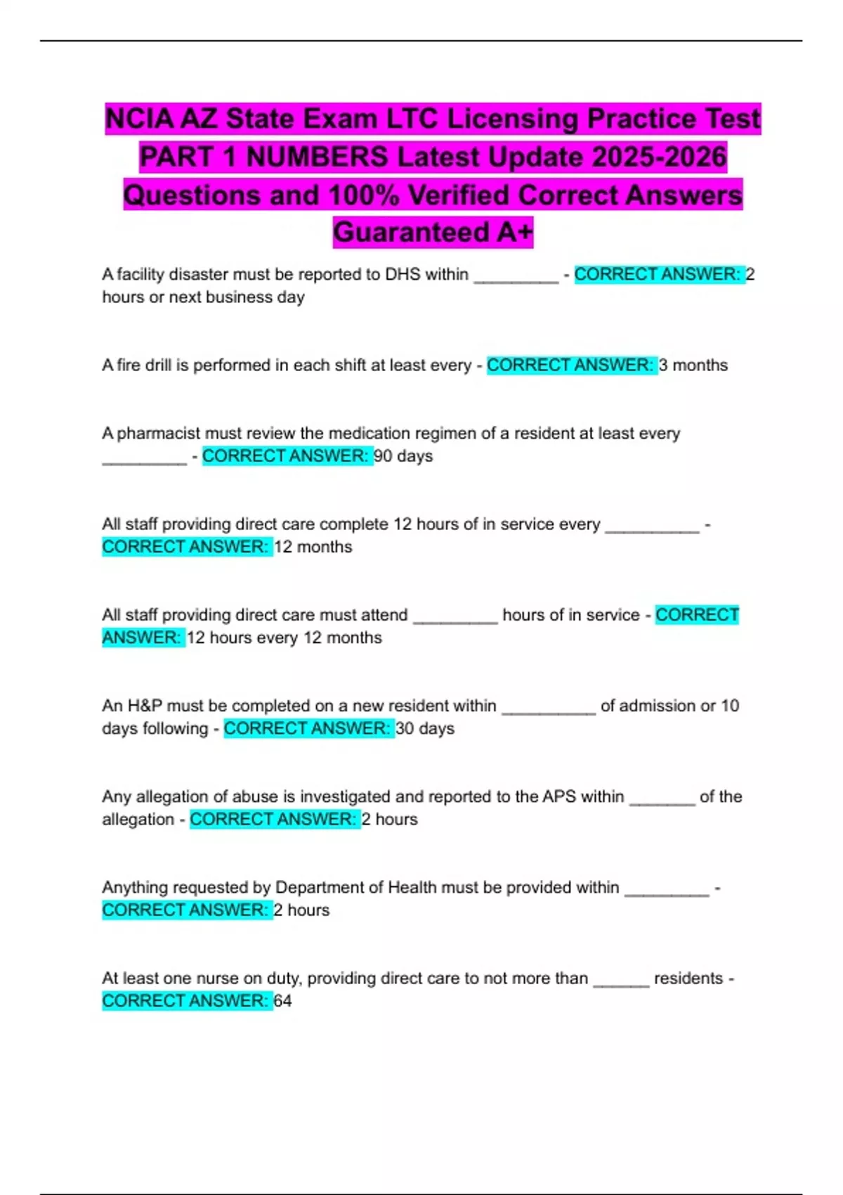 NCIA AZ State Exam LTC Licensing Practice Test PART 1 NUMBERS Latest ...