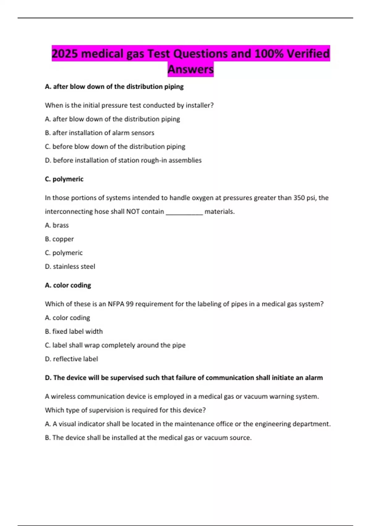 2025 medical gas Test Questions and 100% Verified Answer - Medical gas ...