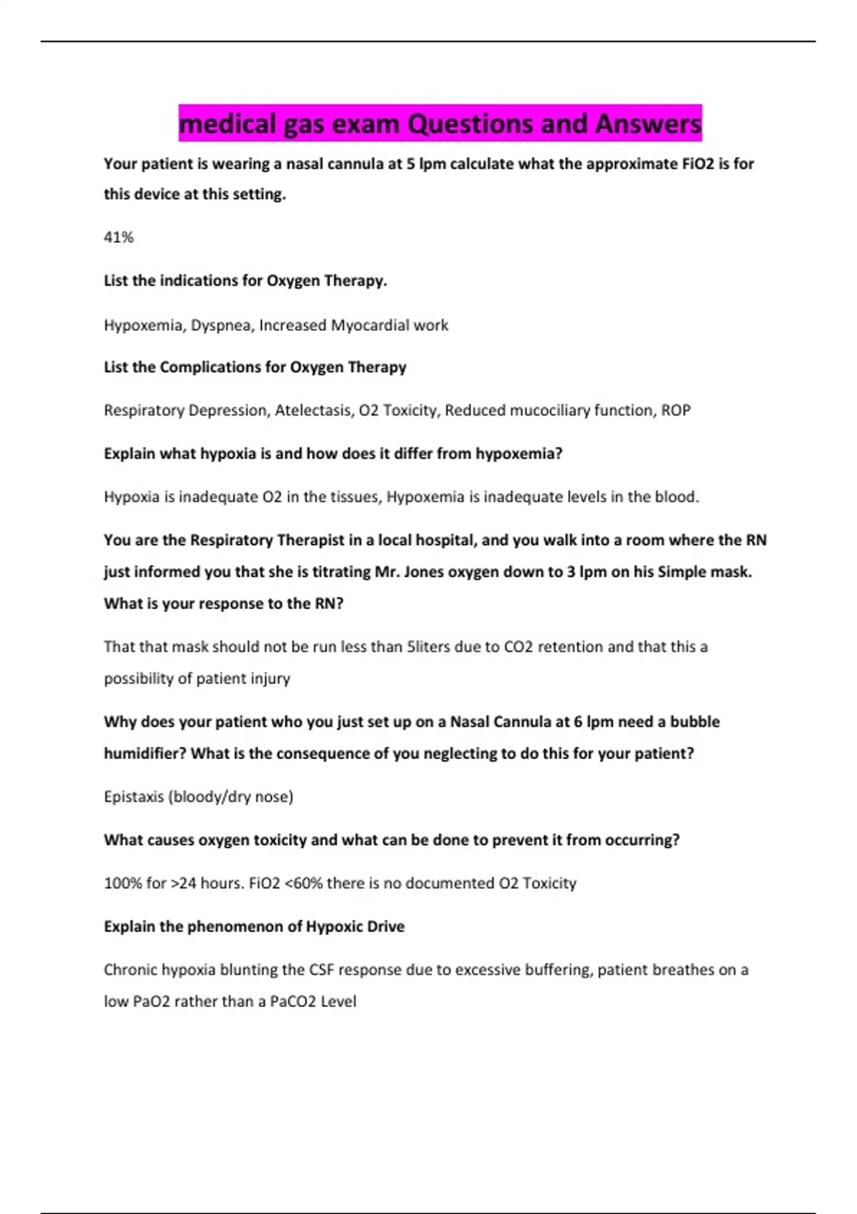 medical gas exam Questions and Answers - Medical gas - Stuvia US