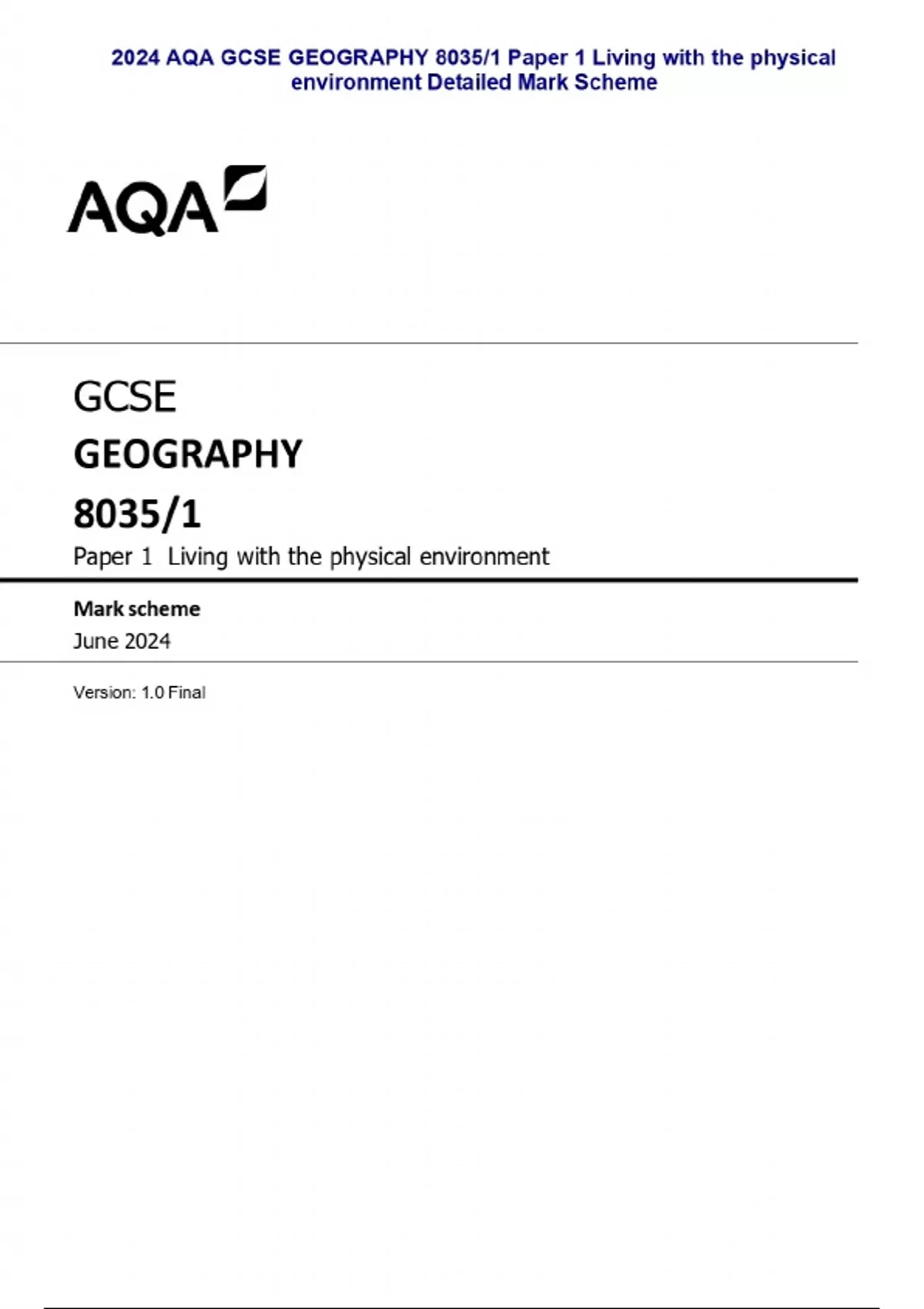 2024 AQA GCSE GEOGRAPHY 8035/1 Paper 1 Living with the physical environment Detailed Mark Scheme ...