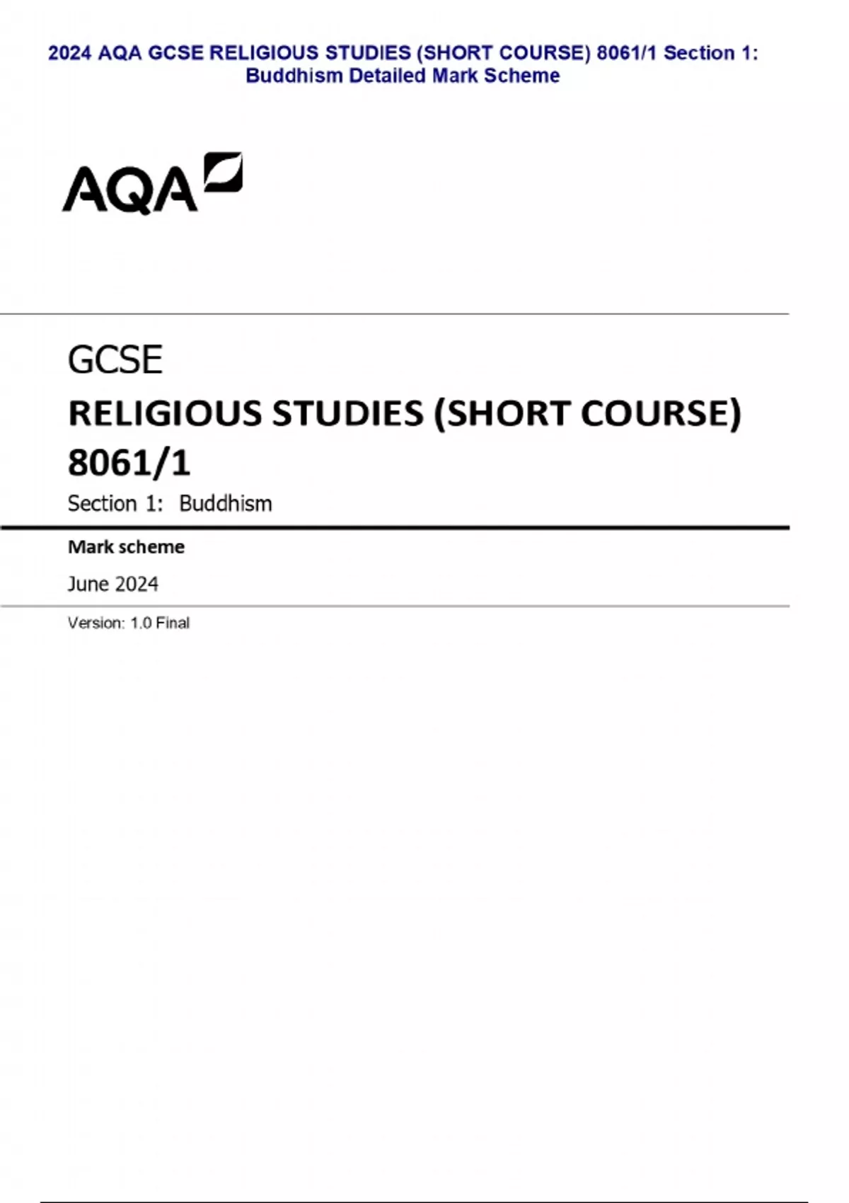 2024 AQA GCSE RELIGIOUS STUDIES (SHORT COURSE) 8061/1 Section 1 ...