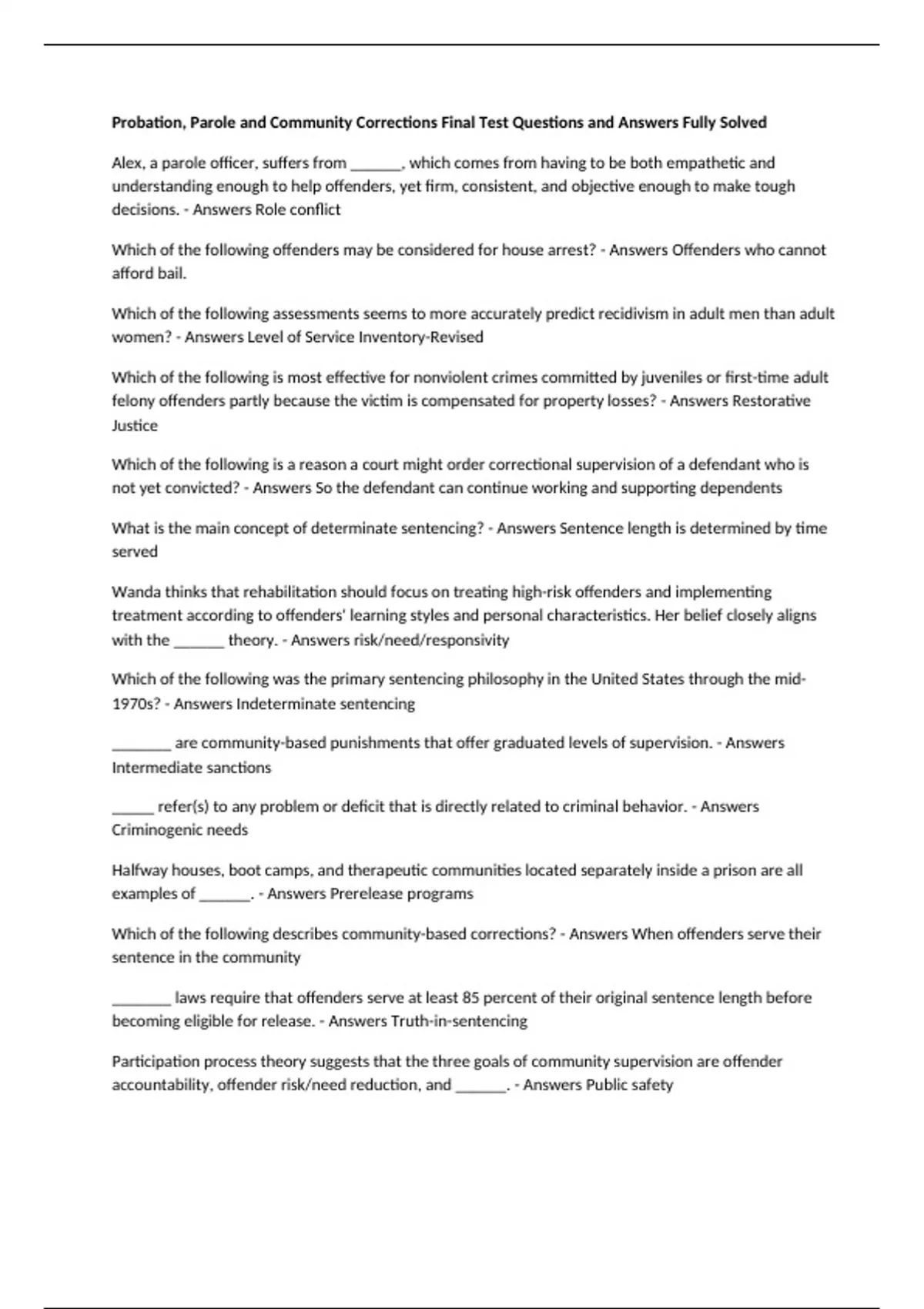 Probation, Parole and Community Corrections Final Test Questions and ...