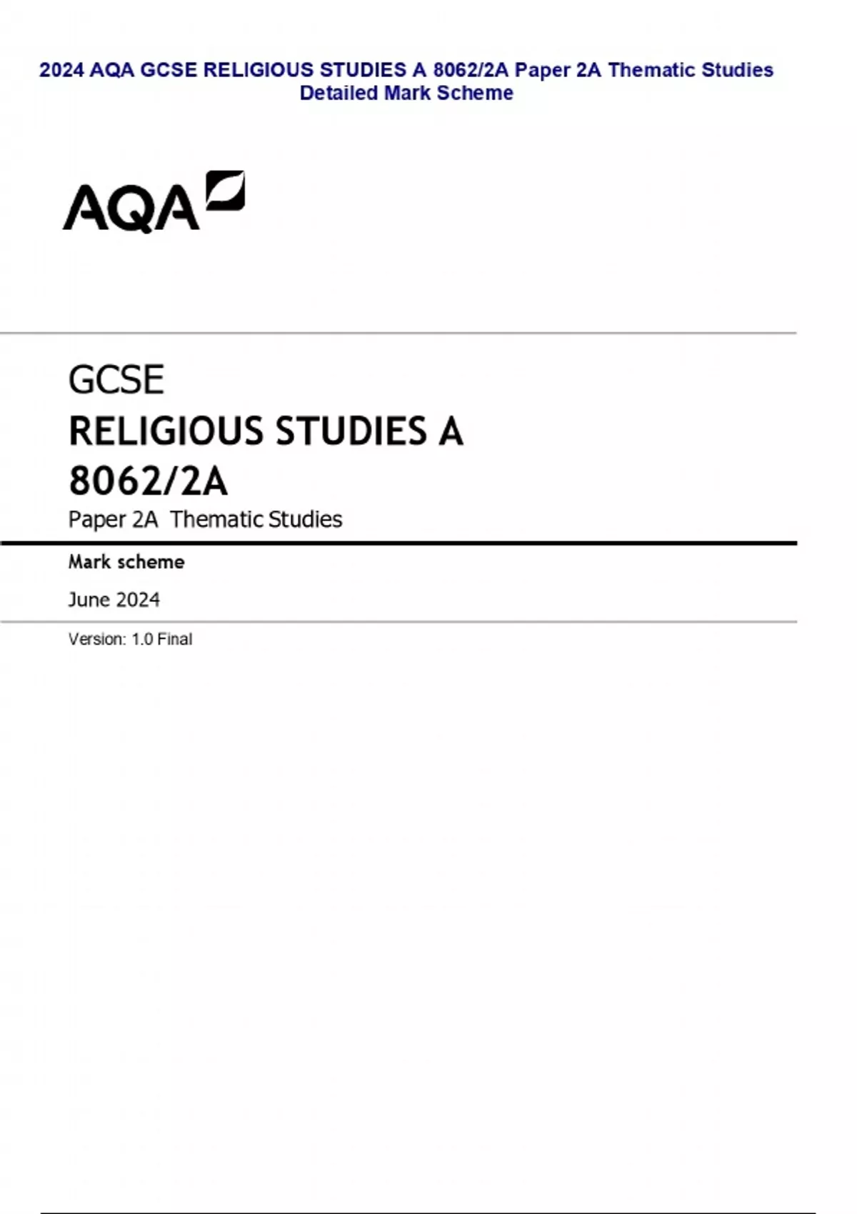 2024 AQA GCSE RELIGIOUS STUDIES A 8062/2A Paper 2A Thematic Studies ...