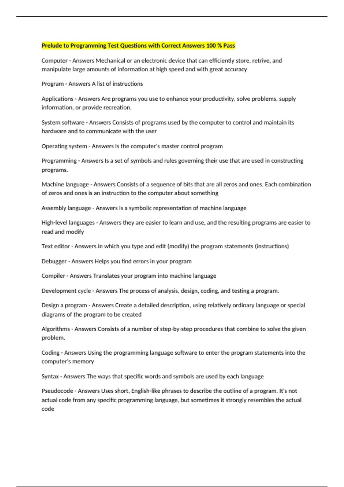 Prelude to Programming Test Questions with Correct Answers 100 % Pass ...