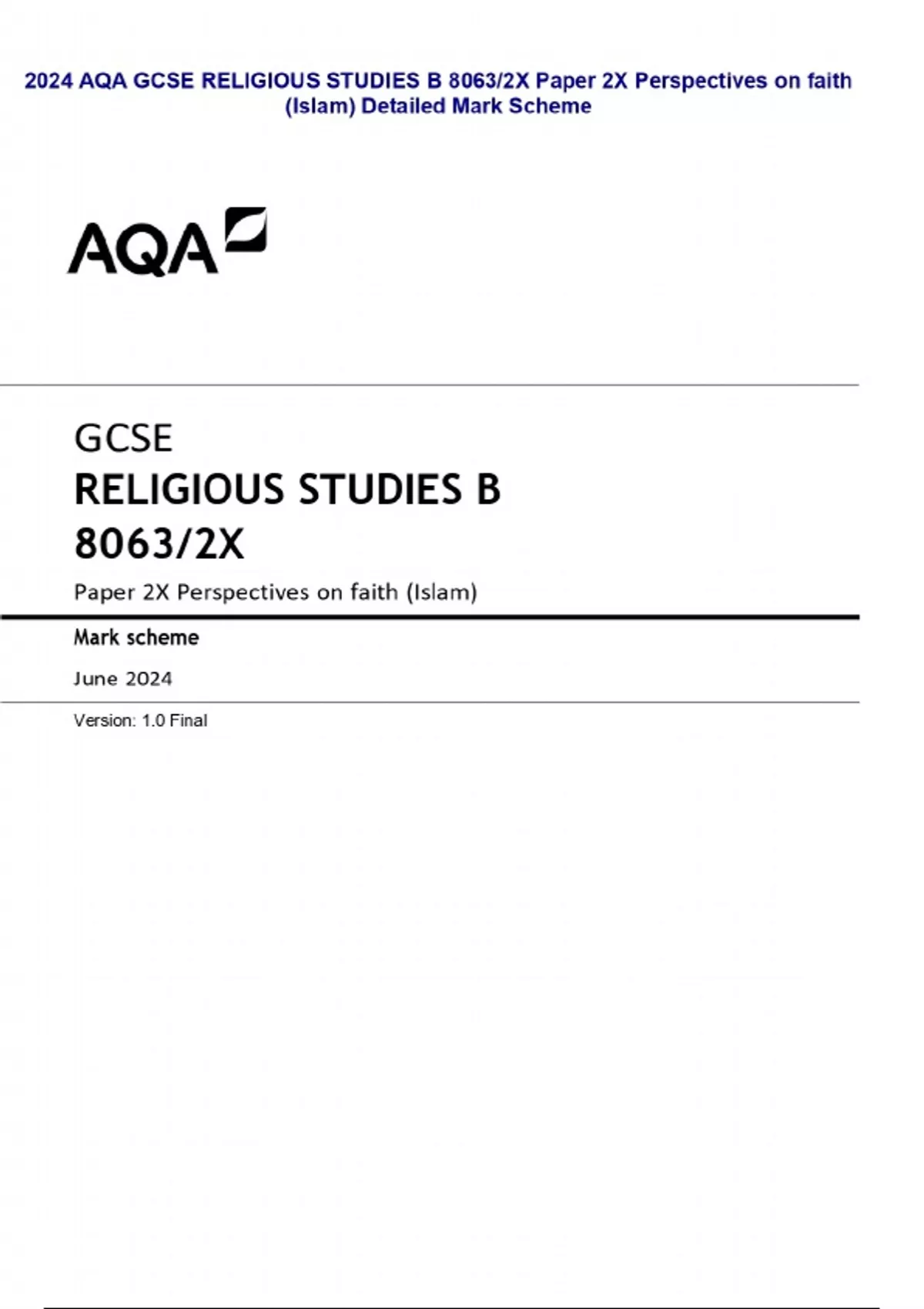 2024 AQA GCSE RELIGIOUS STUDIES B 8063/2X Paper 2X Perspectives on ...
