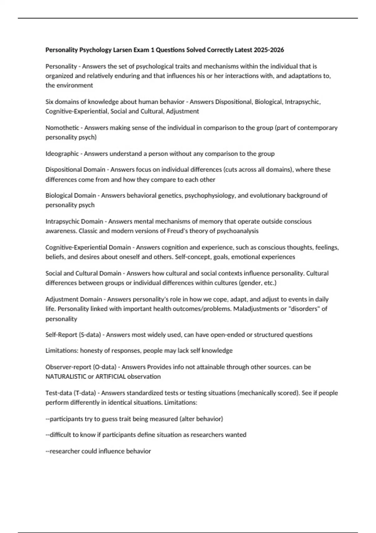 Personality Psychology Larsen Exam 1 Questions Solved Correctly Latest ...