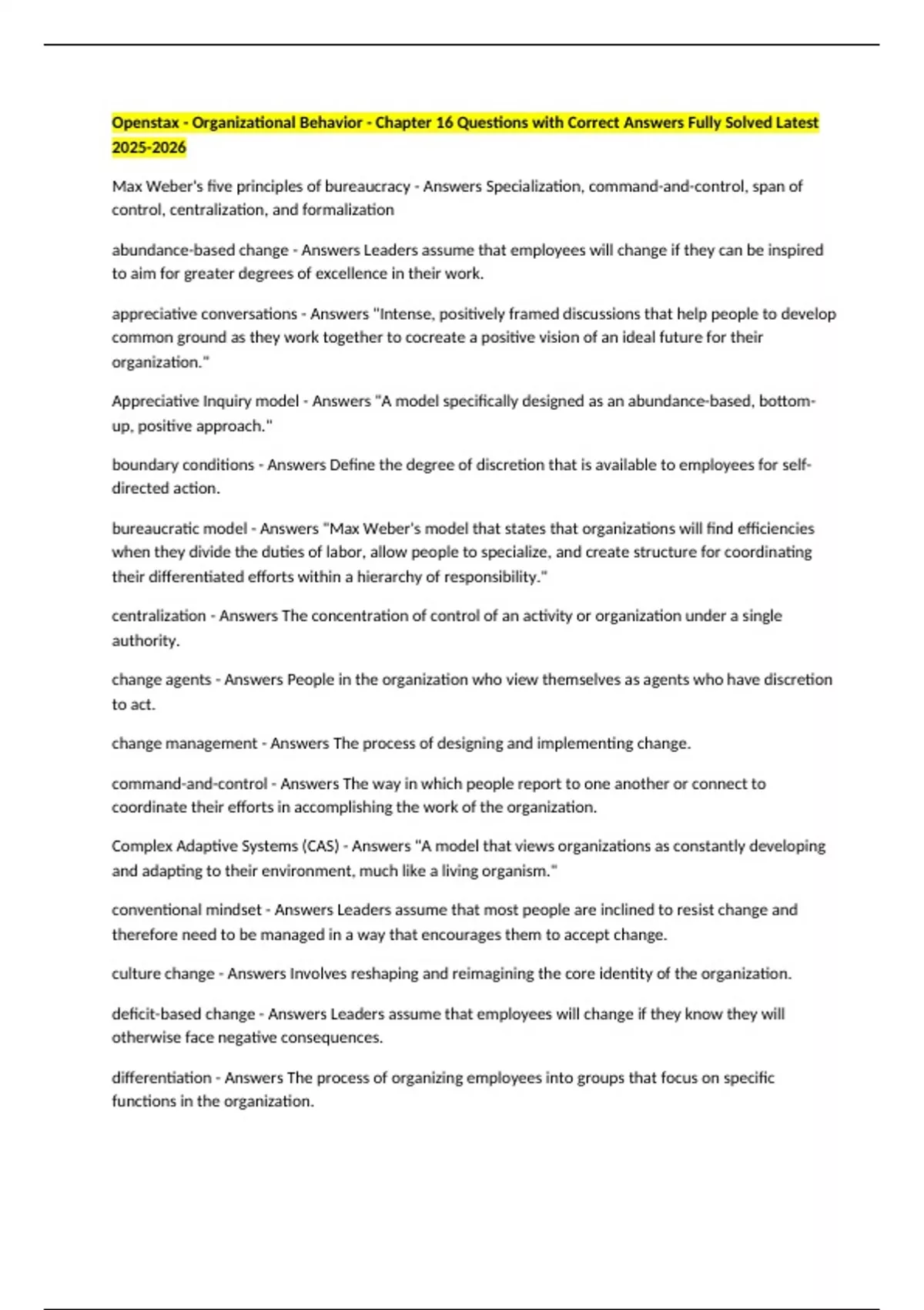 Openstax - Organizational Behavior - Chapter 16 Questions with Correct ...