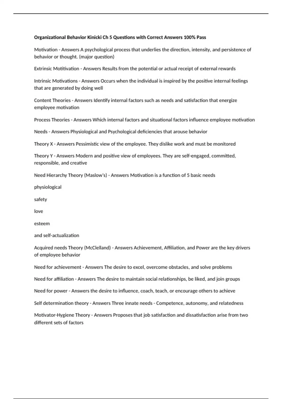 Organizational Behavior Kinicki Ch 5 Questions with Correct Answers 100 ...