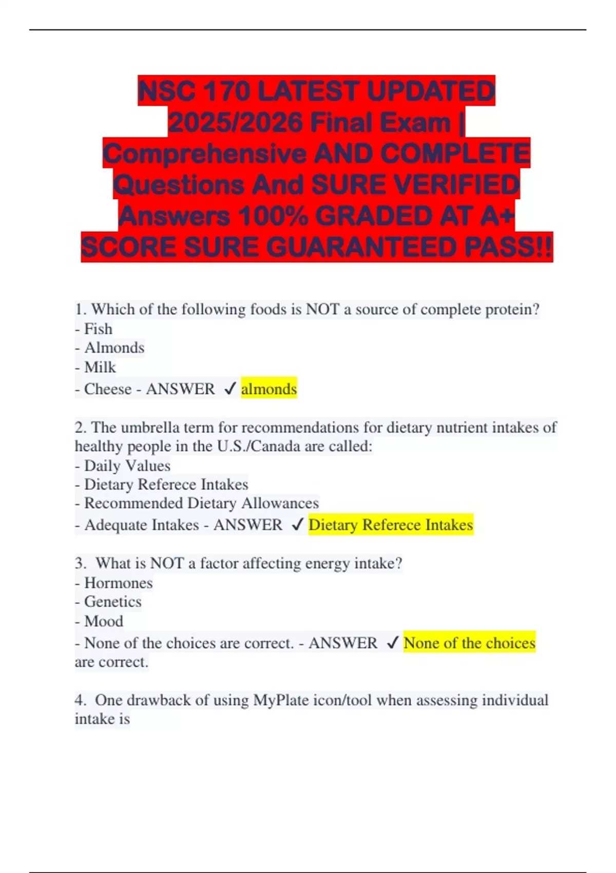 NSC 170 LATEST UPDATED 2025/2026 Final Exam | Comprehensive AND ...