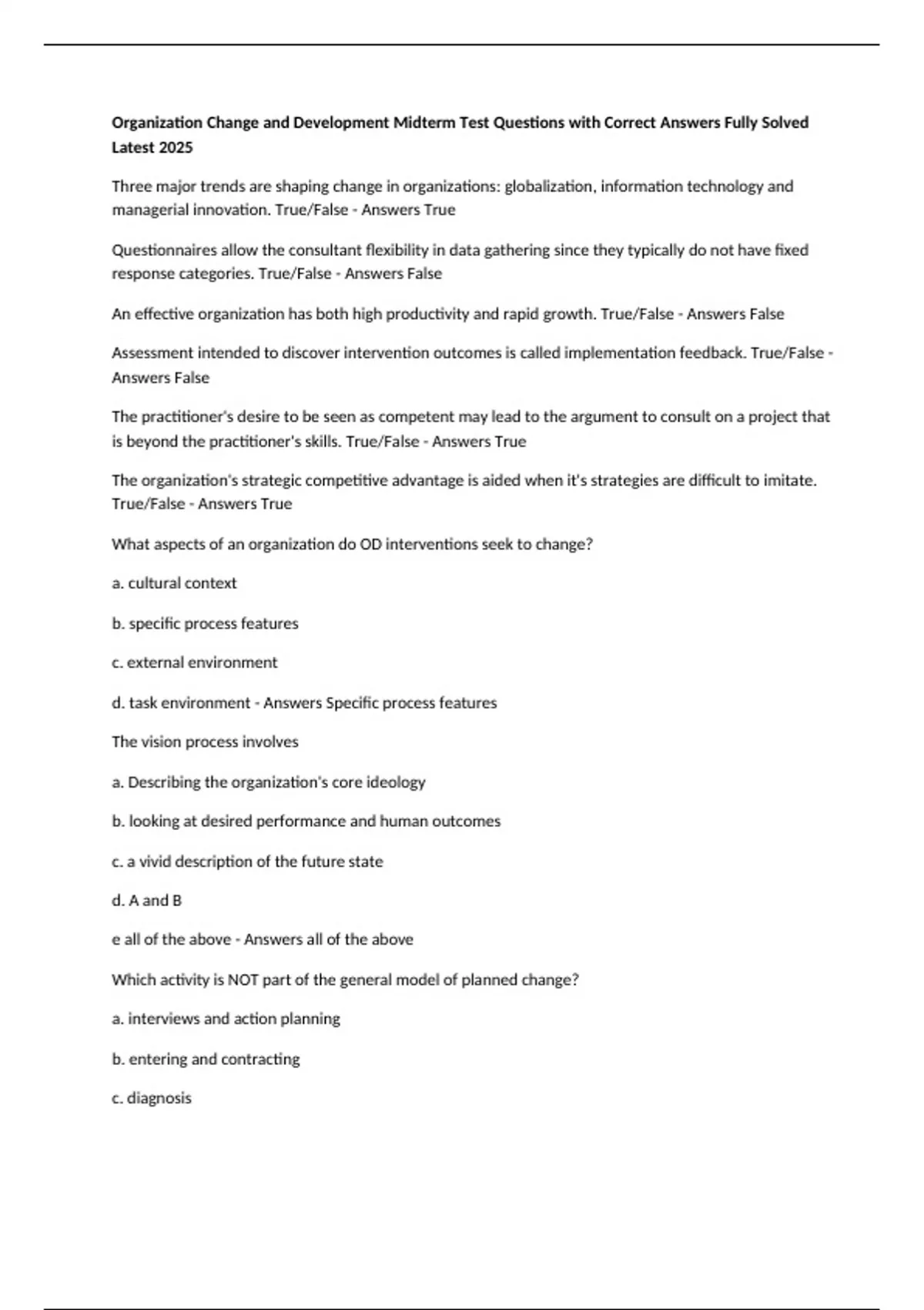 Organization Change and Development Midterm Test Questions with Correct ...