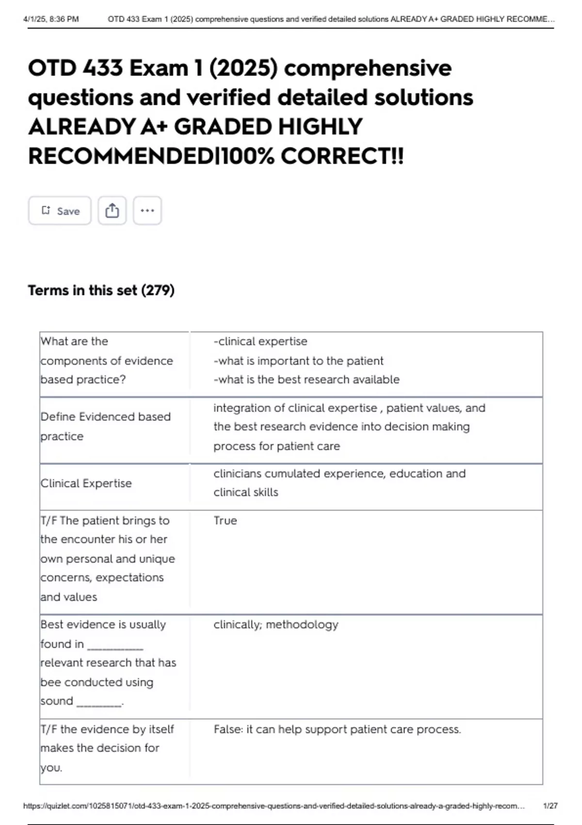 OTD 433 Exam 1 (2025) comprehensive questions and verified detailed ...