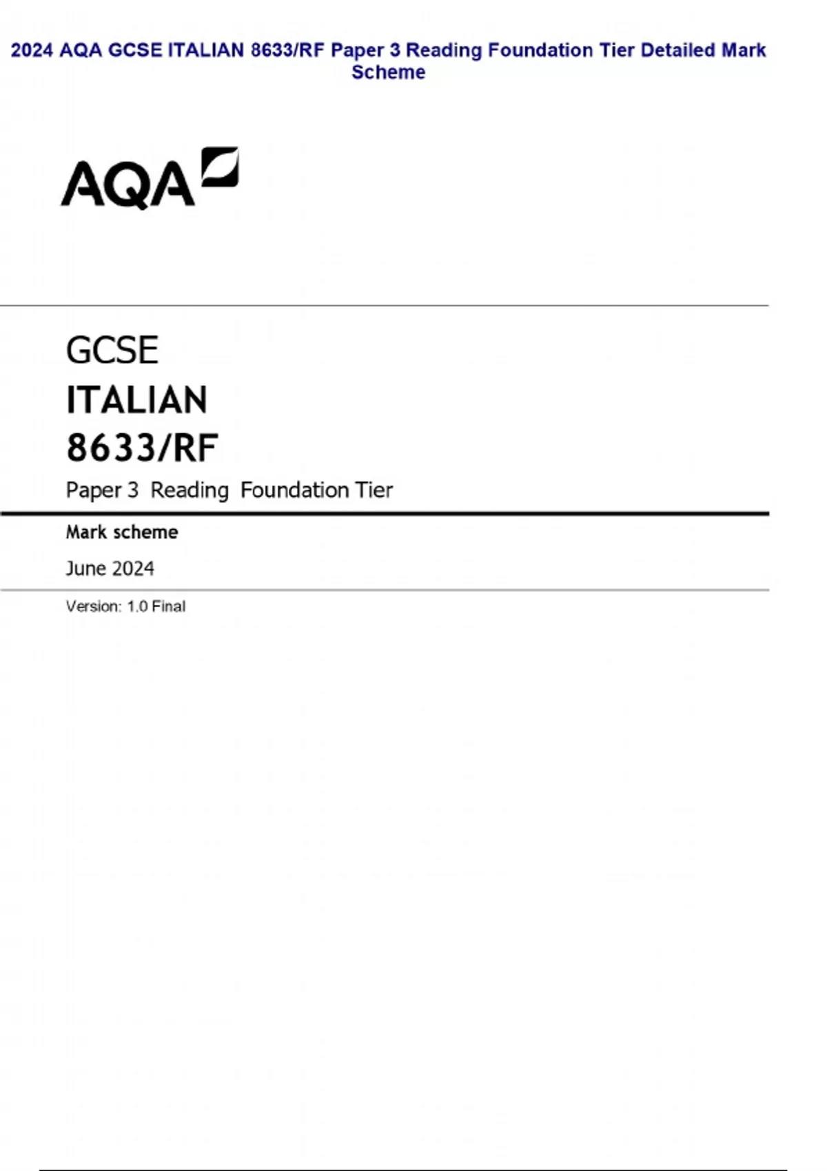 2024 AQA GCSE ITALIAN 8633/RF Paper 3 Reading Foundation Tier Detailed ...