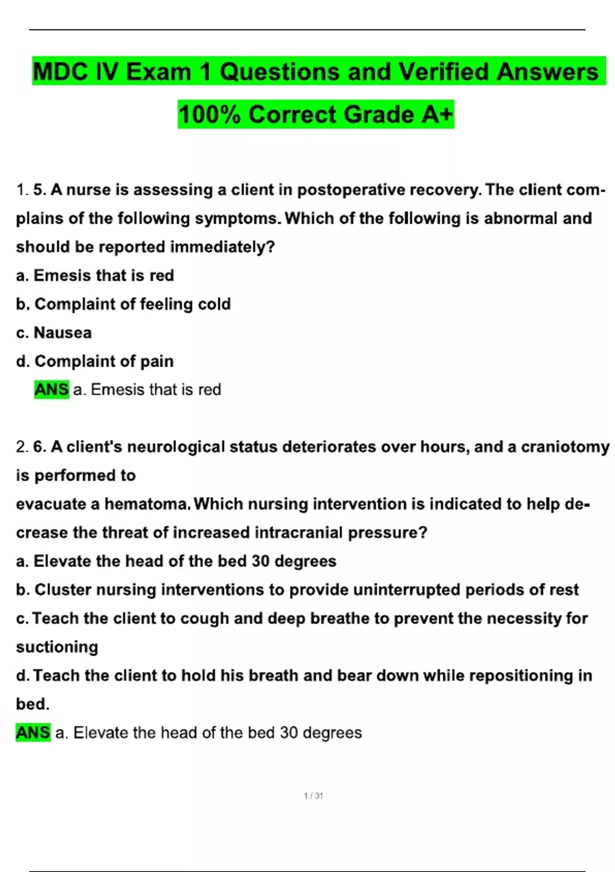 2025 MDC IV Exam 1 Actual Qs & Ans to Pass the Exam, 100% Verified - PDF Rasmussen - NUR 2502 ...