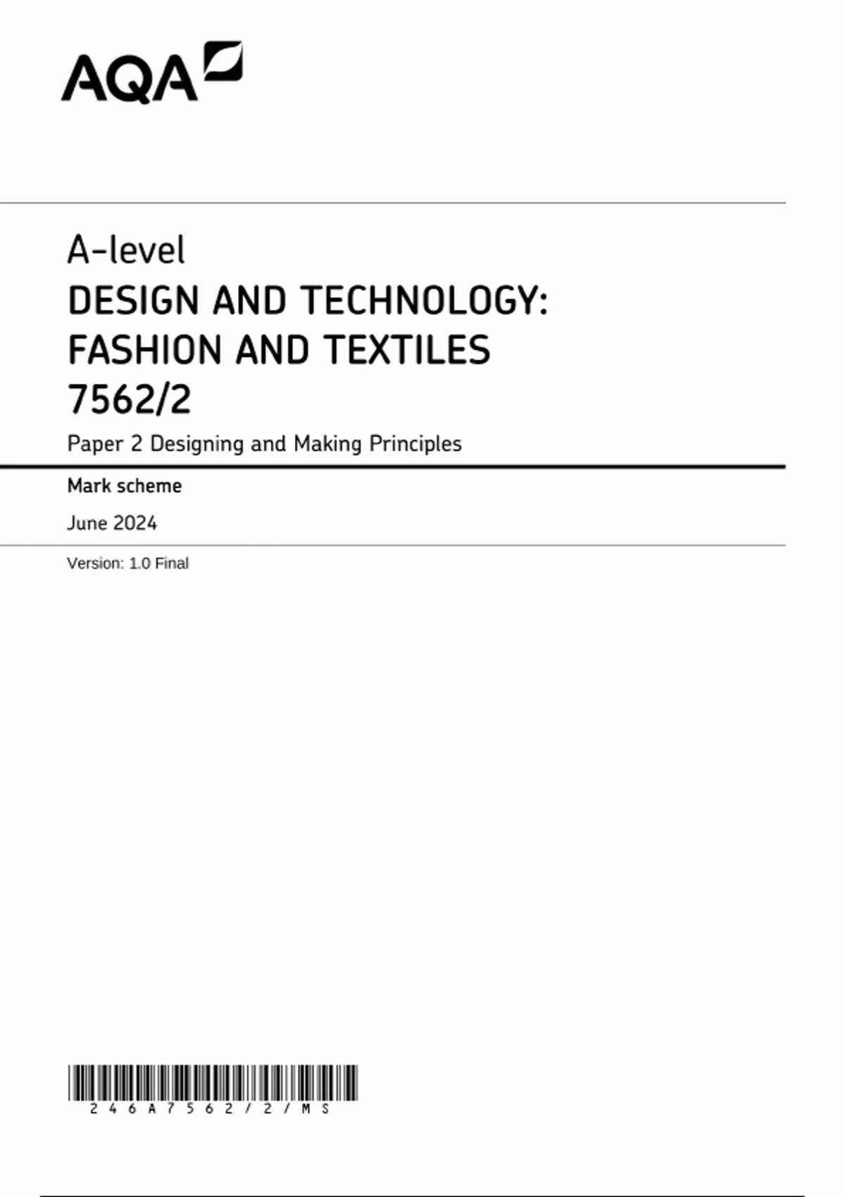 AQA A-LEVEL DESIGN AND TECHNOLOGY:FASHION AND TEXTILES PAPER 2 MARK ...