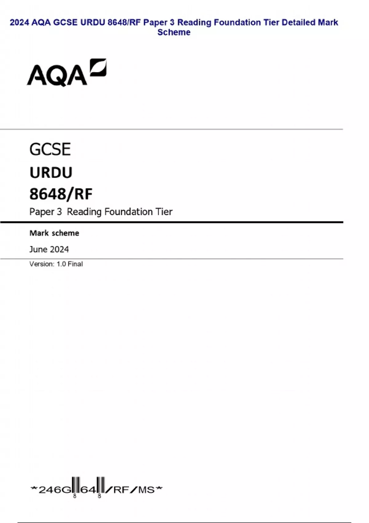2024 AQA GCSE URDU 8648/RF Paper 3 Reading Foundation Tier Detailed ...