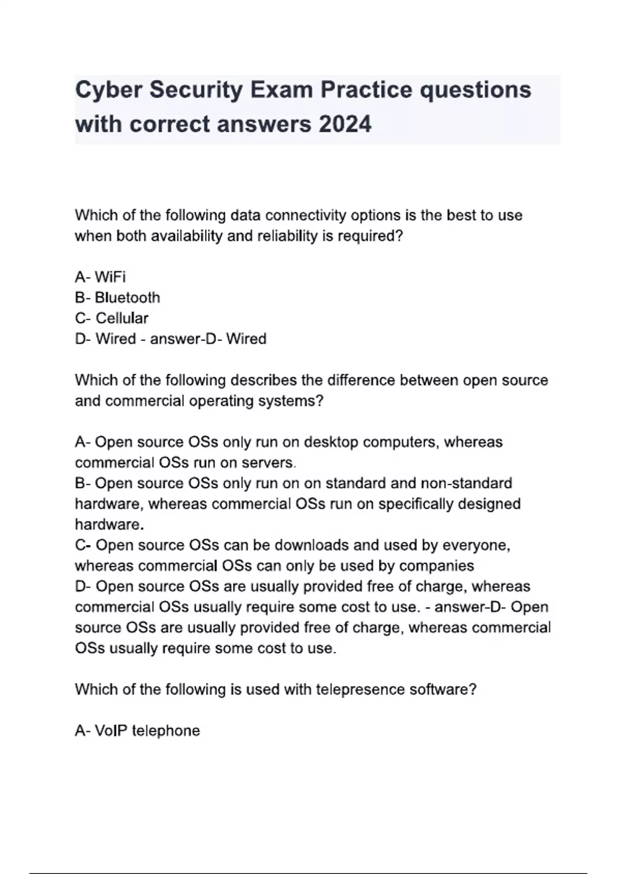 Cyber Security Exam Practice questions with correct answers 2024 - ISC2 ...