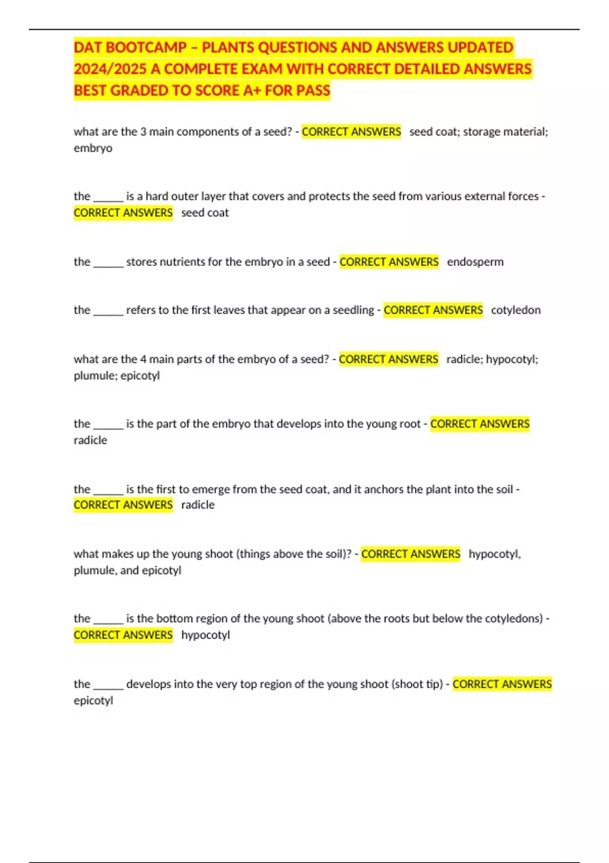 DAT BOOTCAMP – PLANTS QUESTIONS AND ANSWERS UPDATED 2024/2025 A ...