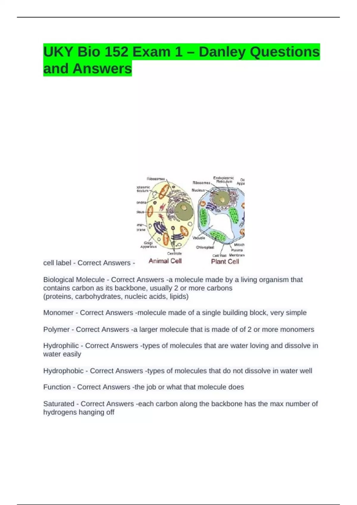 UKY Bio 152 Exam 1 – Danley Questions and Answers - Biology 152 - Stuvia US