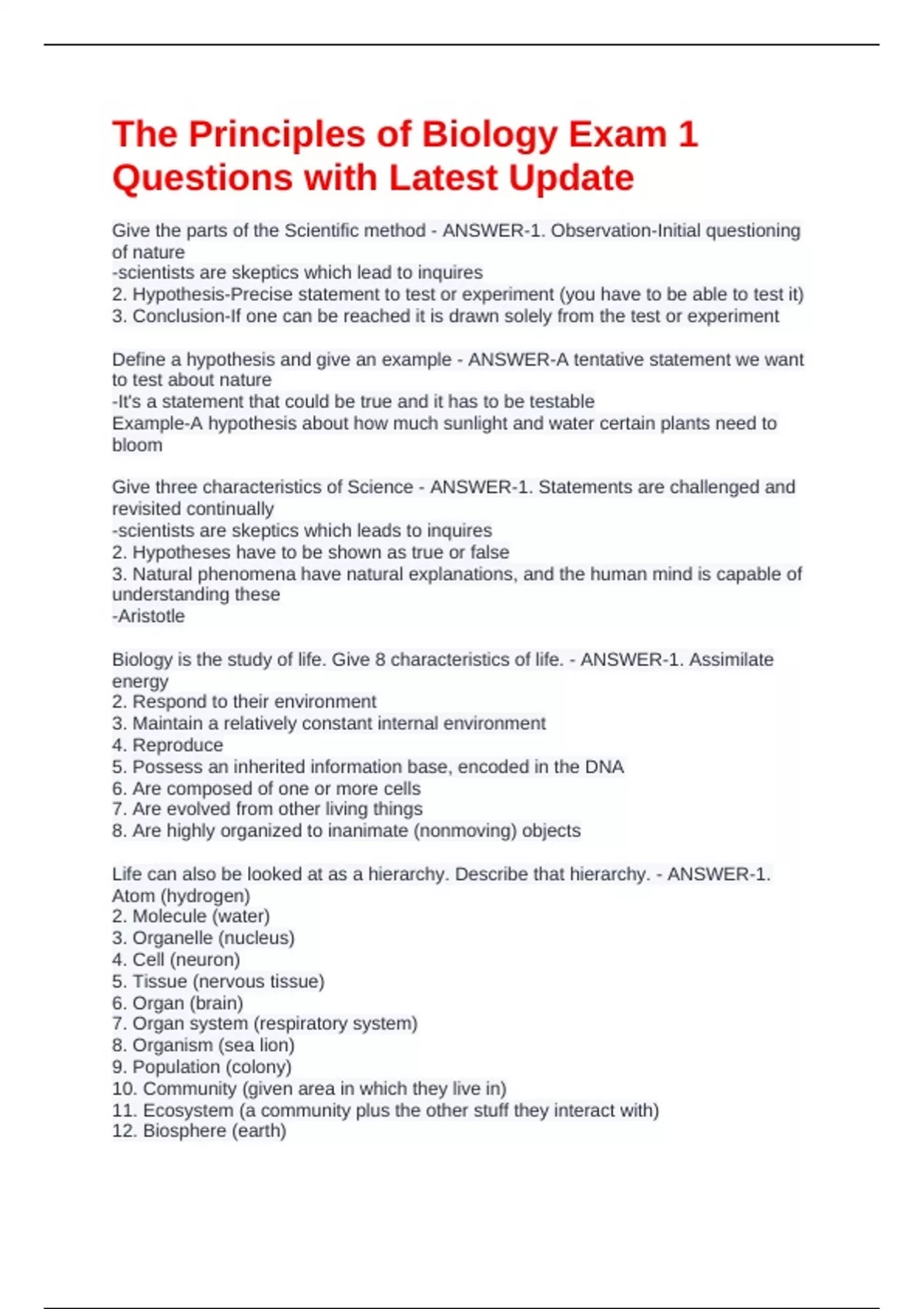 The Principles of Biology Exam 1 Questions with Latest Update - Biology ...