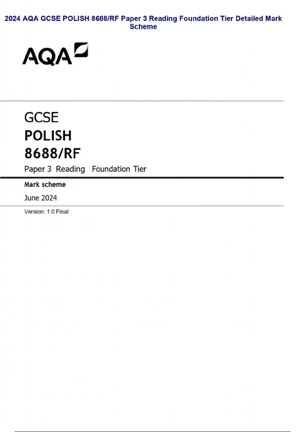 2024 AQA GCSE POLISH 8688/RF Paper 3 Reading Foundation Tier Detailed ...