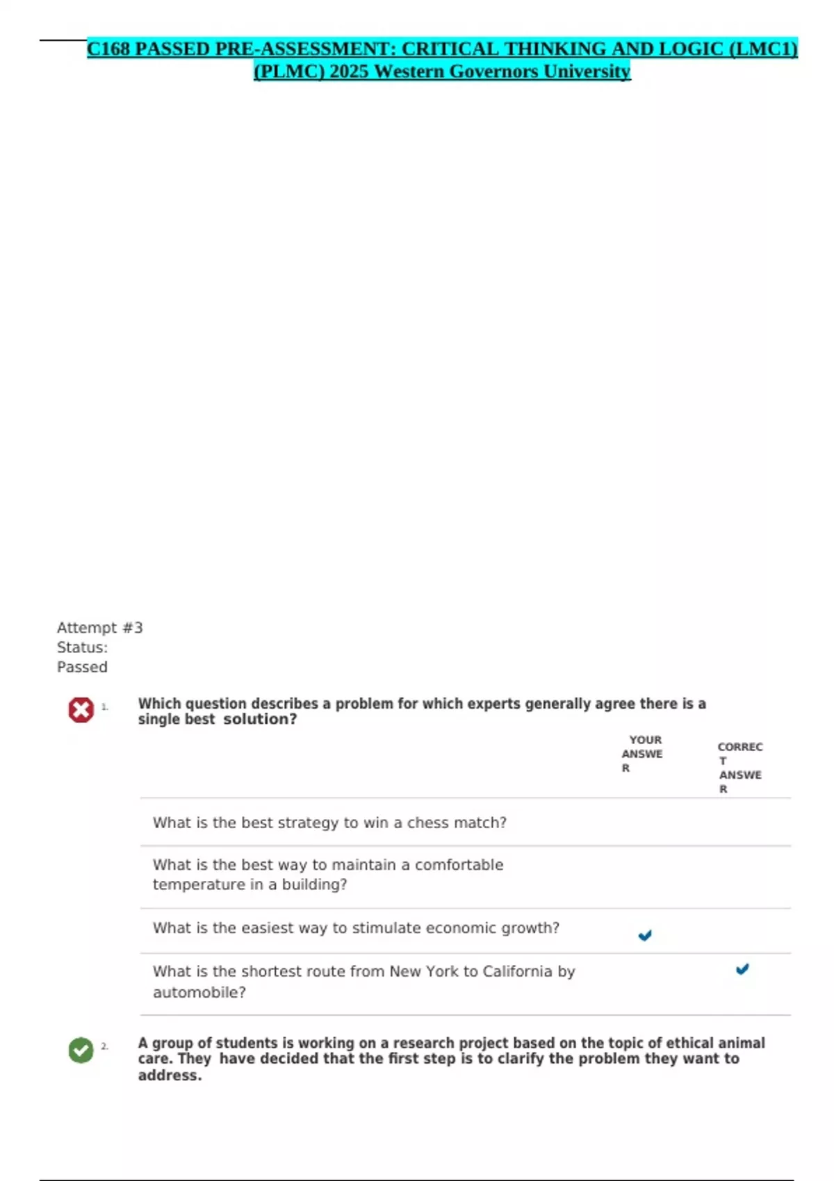C168 PASSED PRE-ASSESSMENT: CRITICAL THINKING AND LOGIC (LMC1) (PLMC ...