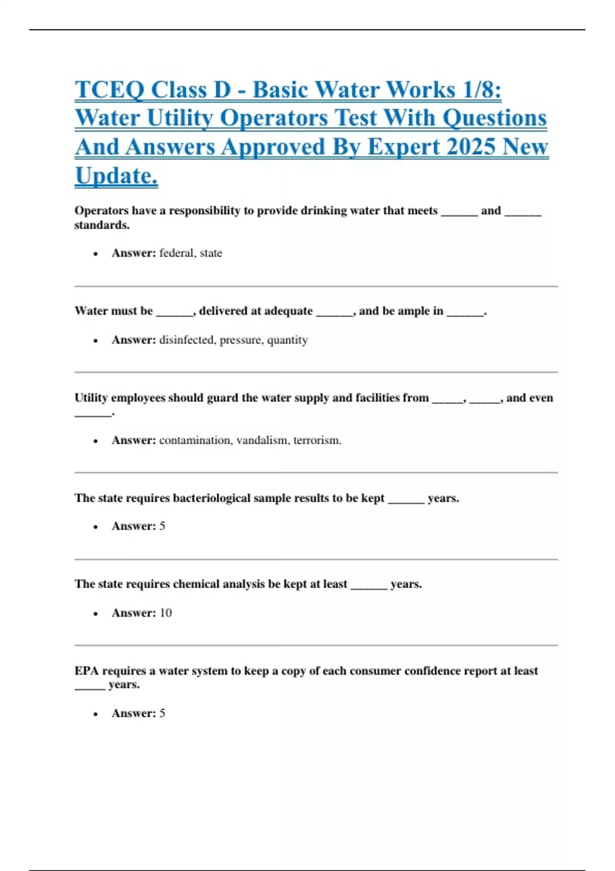 TCEQ Class D - Basic Water Works 1/8: Water Utility Operators Test With ...