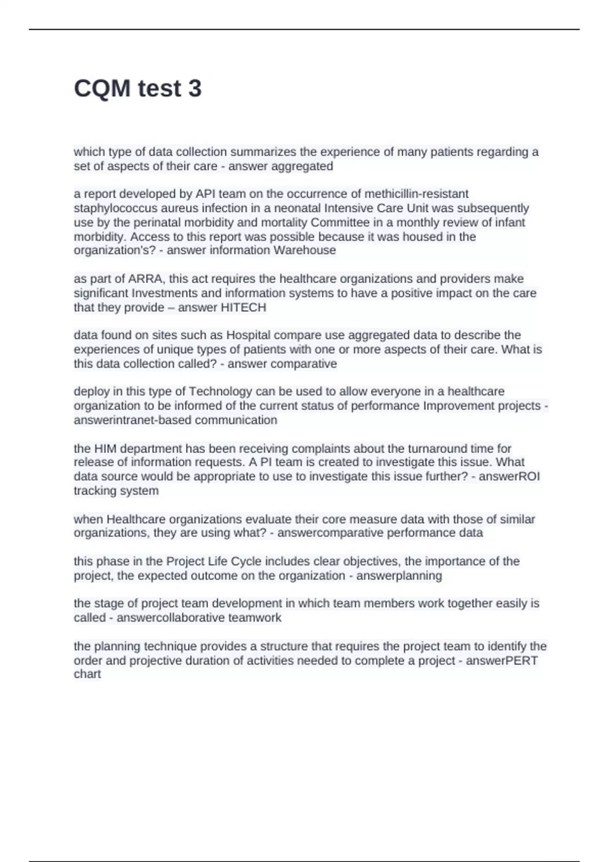 CQM test 3 Questions and Answers Fully Solved - CQM-C - Stuvia US