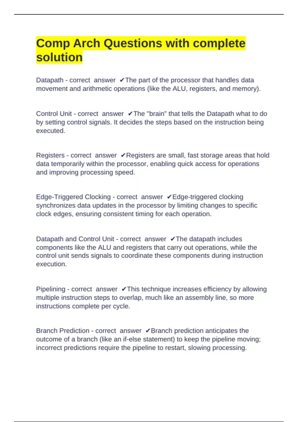 Comp Arch Questions with complete solution - Comp Arch - Stuvia US