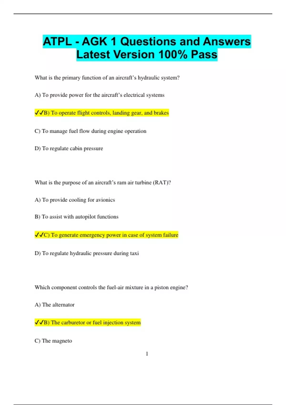 ATPL - AGK 1 Questions and Answers Latest Version 100% Pass - ATPL ...