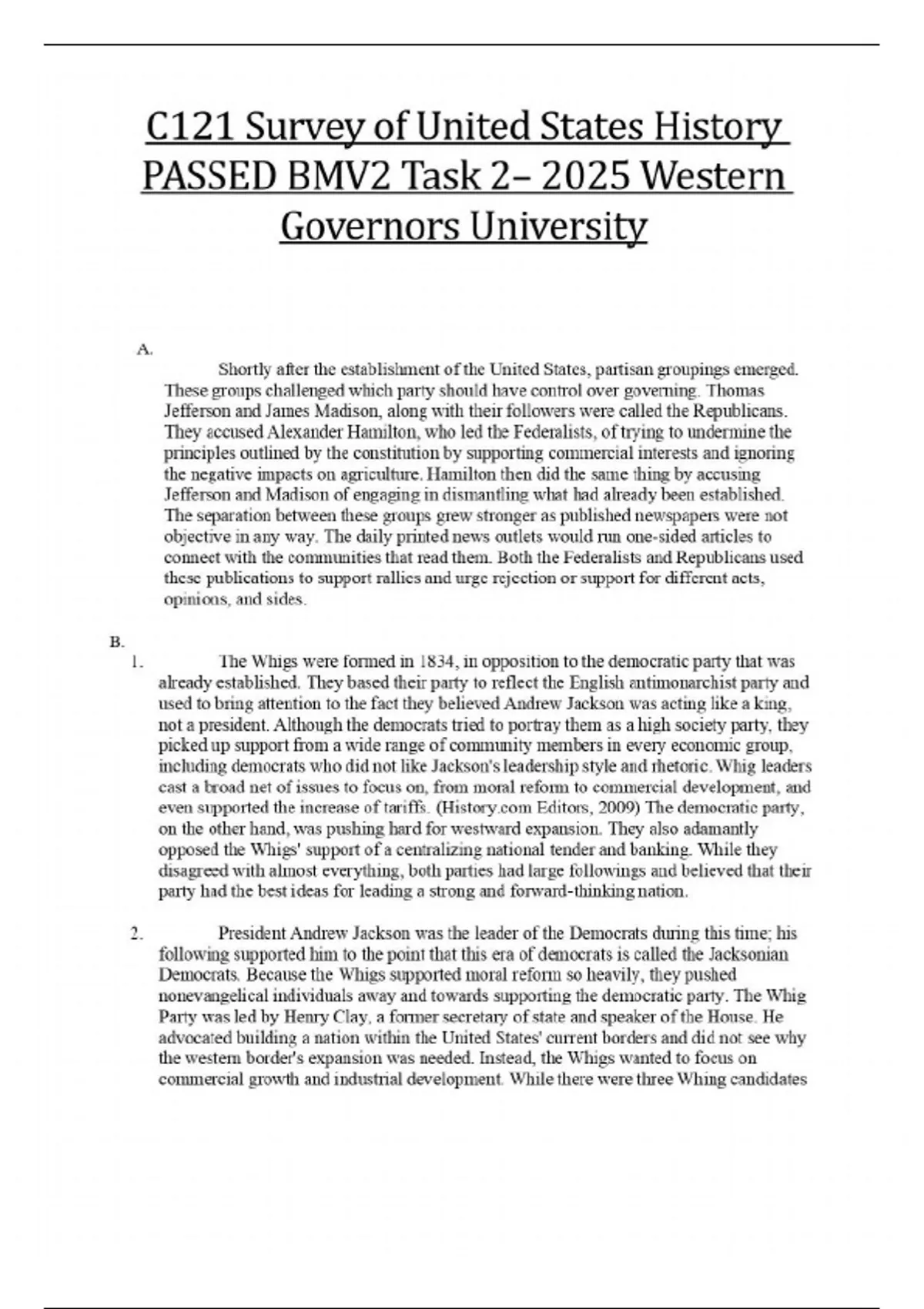 C121 Survey of United States History PASSED BMV2 Task 2– 2025 Western ...