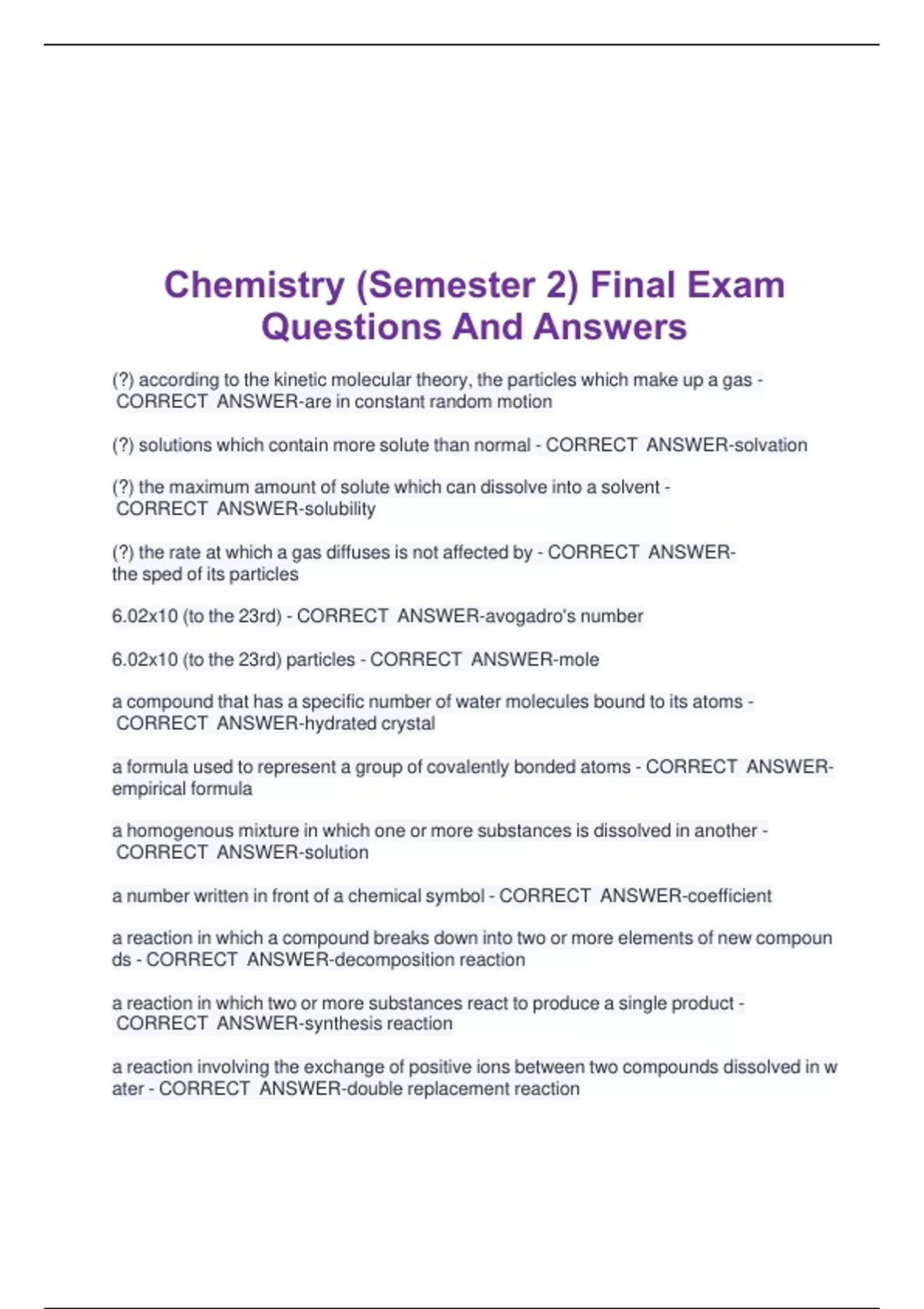 Chemistry (Semester 2) Final Exam Questions And Answers - Chemistry ...