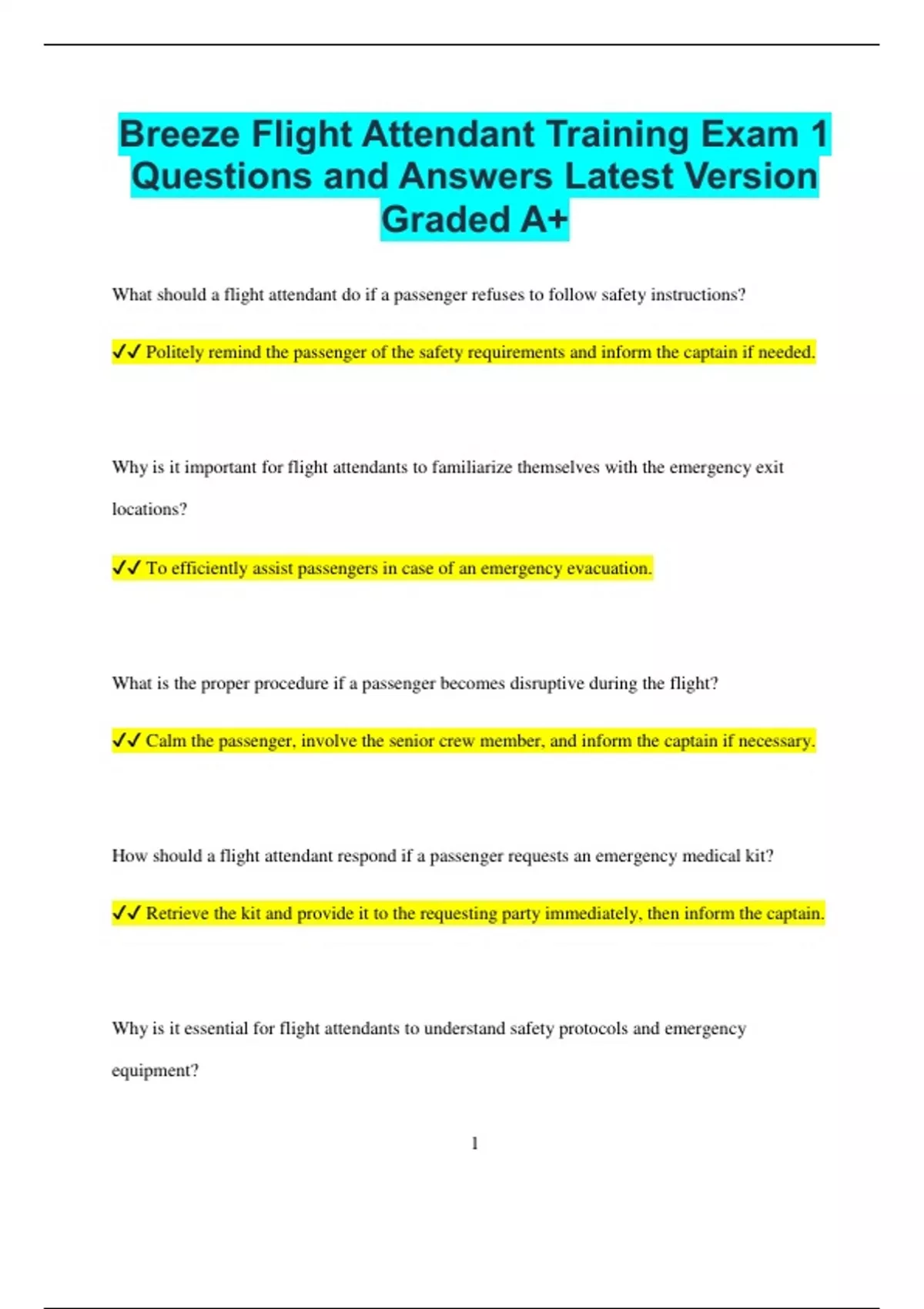 Breeze Flight Attendant Training Exam 1 Questions and Answers Latest ...