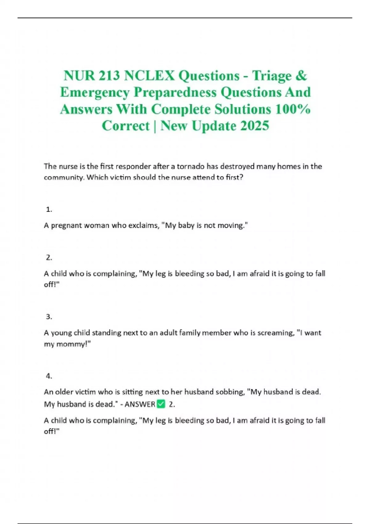 NUR 213 NCLEX Questions - Triage & Emergency Preparedness Questions And ...