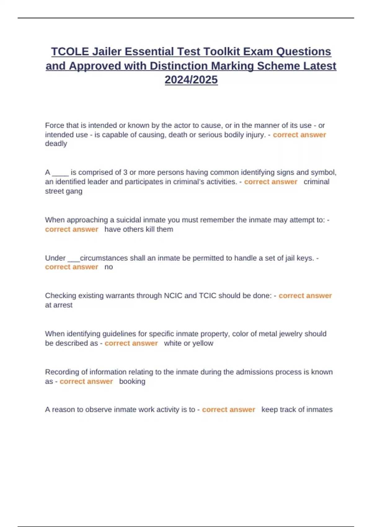 TCOLE Jailer Essential Test Toolkit Exam Questions and Approved with ...