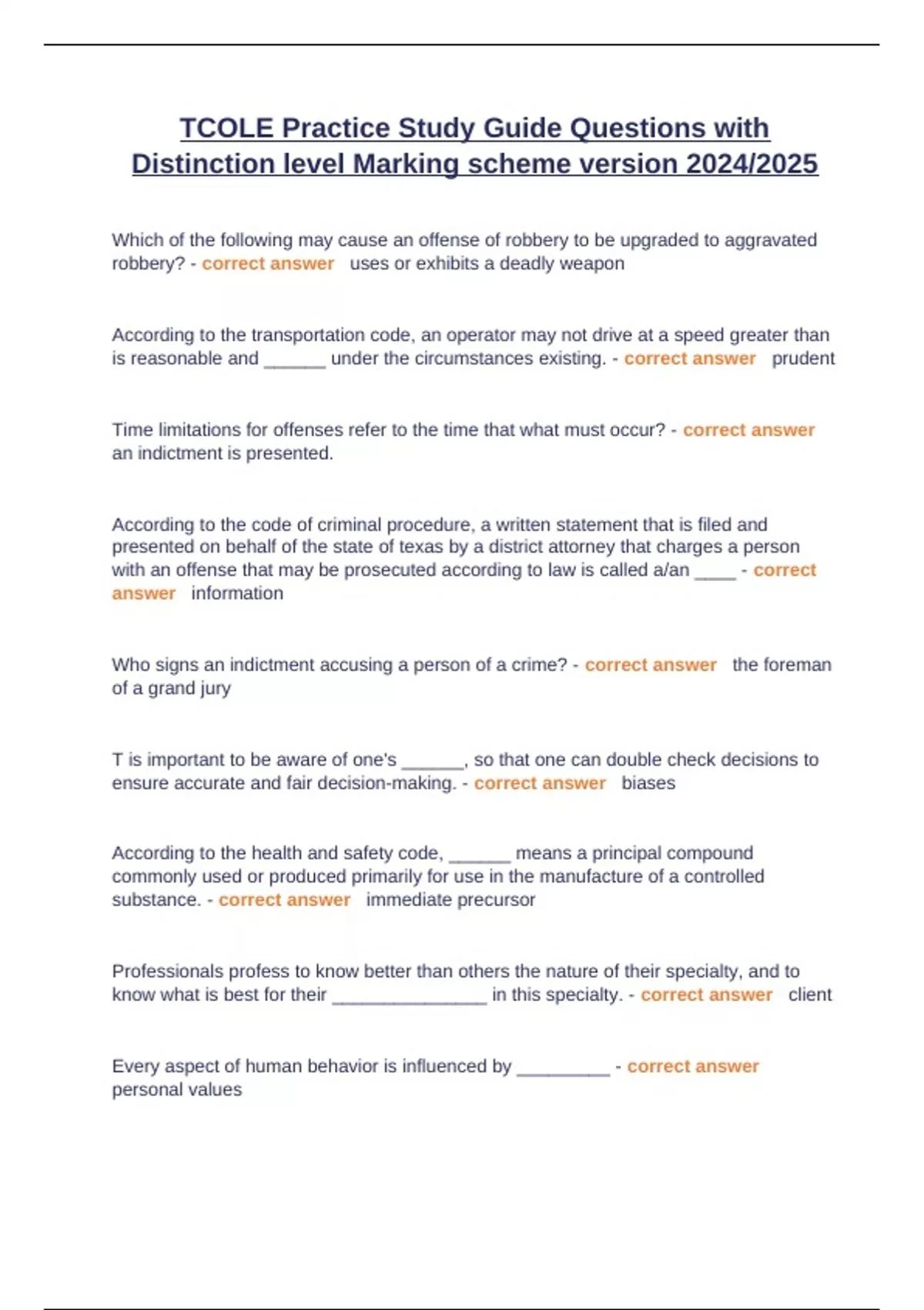 TCOLE Practice Study Guide Questions with Distinction level Marking ...