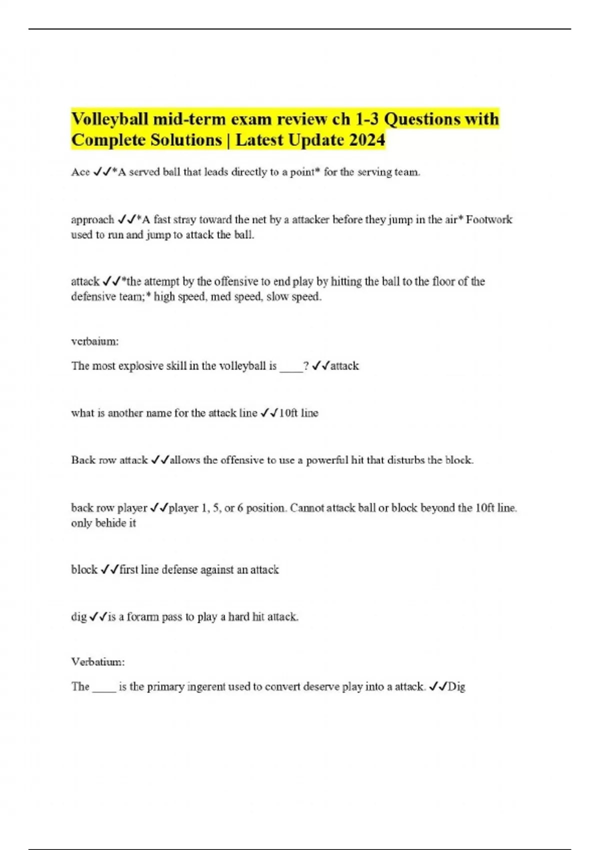 Volleyball mid-term exam review ch 1-3 Questions with Complete ...