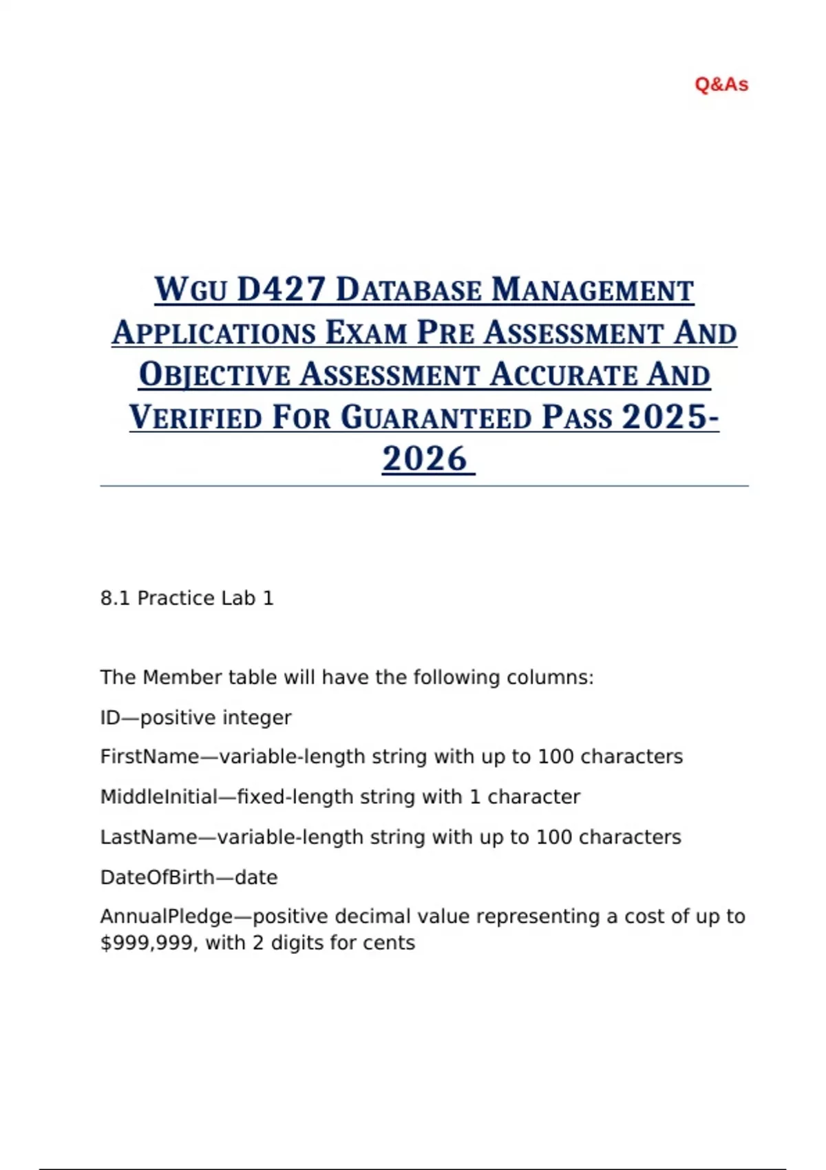 WGU D427 DATABASE MANAGEMENT APPLICATIONS EXAM PRE ASSESSMENT AND OBJECTIVE ASSESSMENT ACCURATE ...