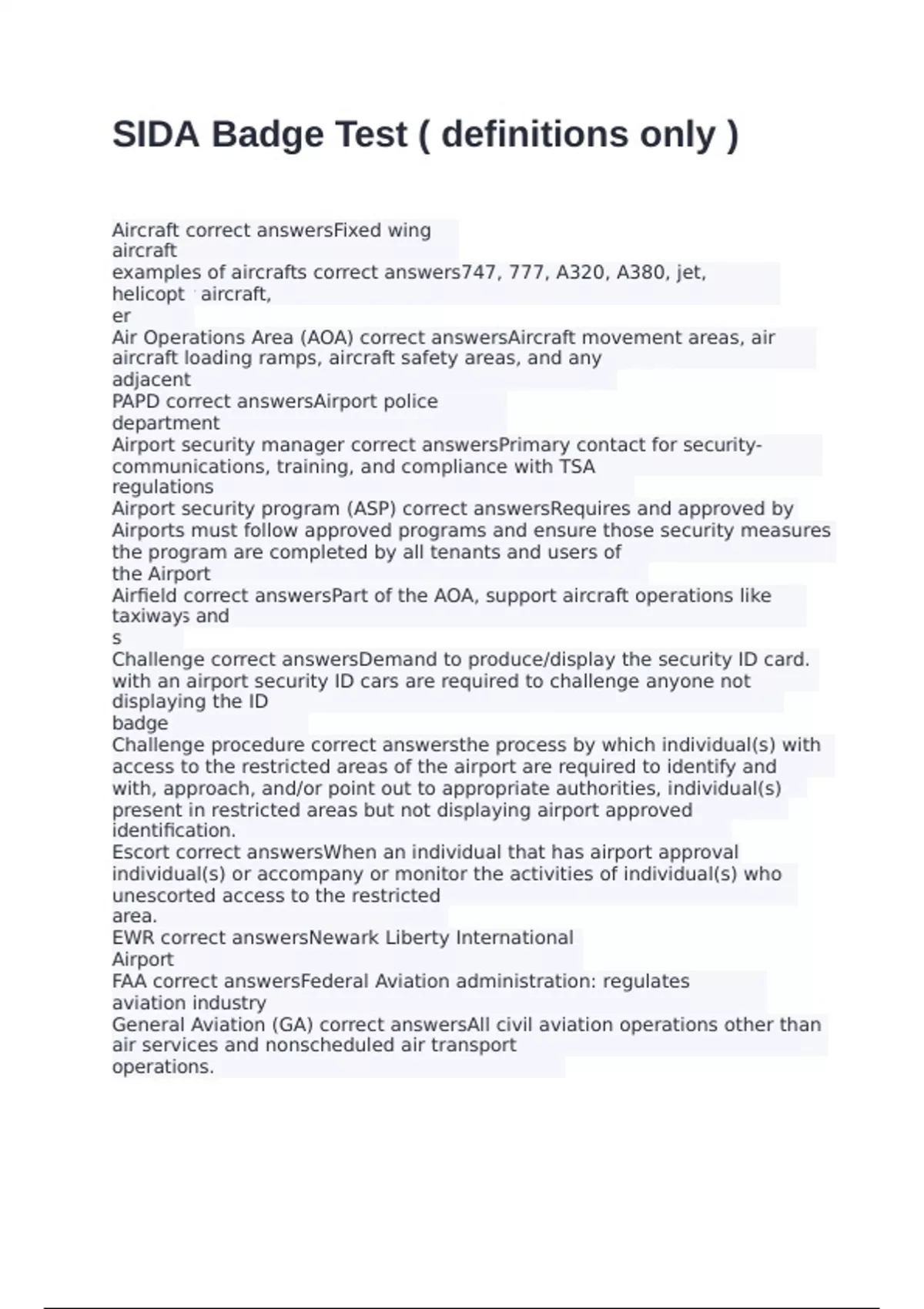 SIDA Badge Test ( definitions only ) exam with 100% correct answers ...