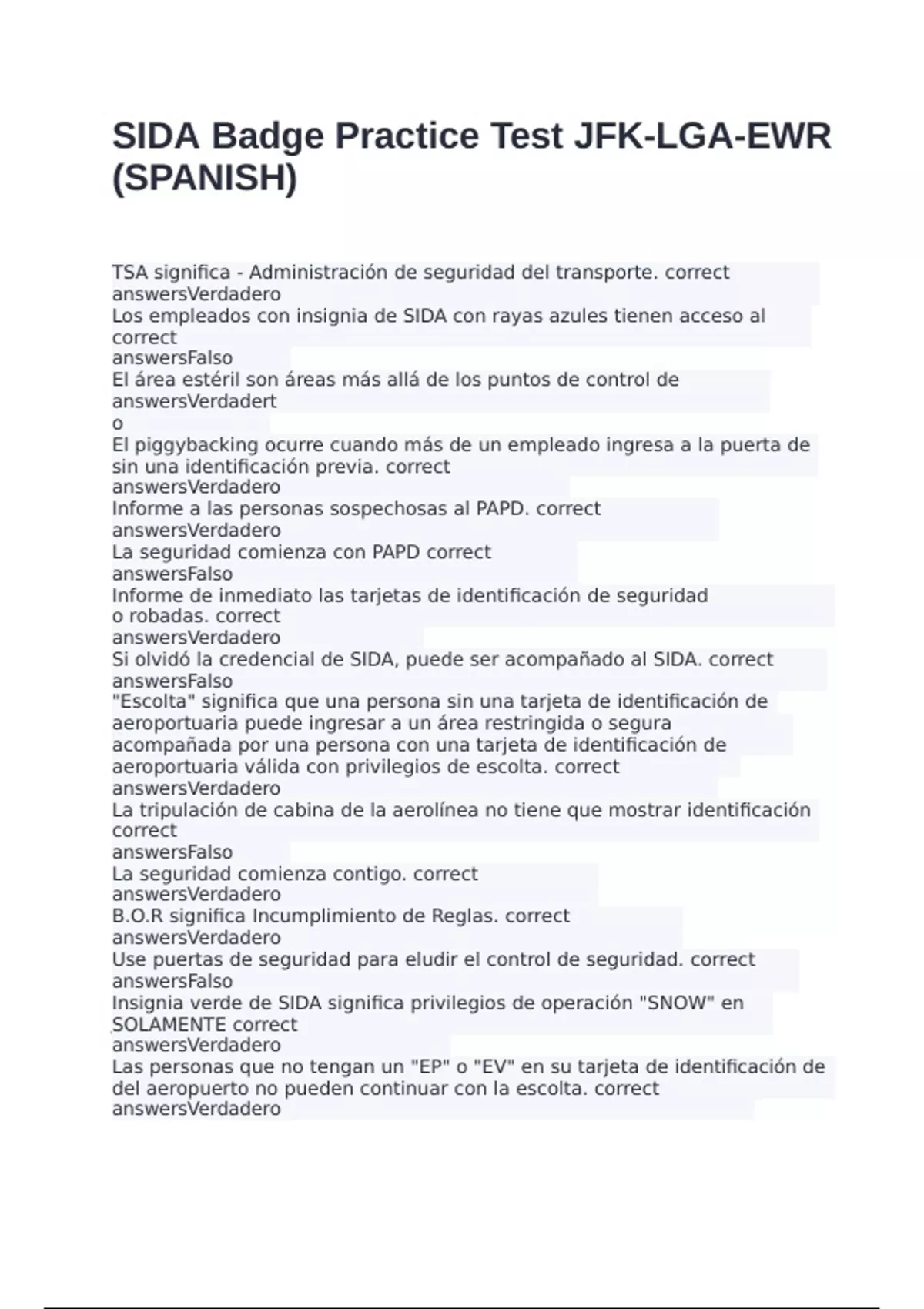 SIDA Badge Practice Test JFK-LGA-EWR (SPANISH) EXAM WITH 100% CORRECT ...