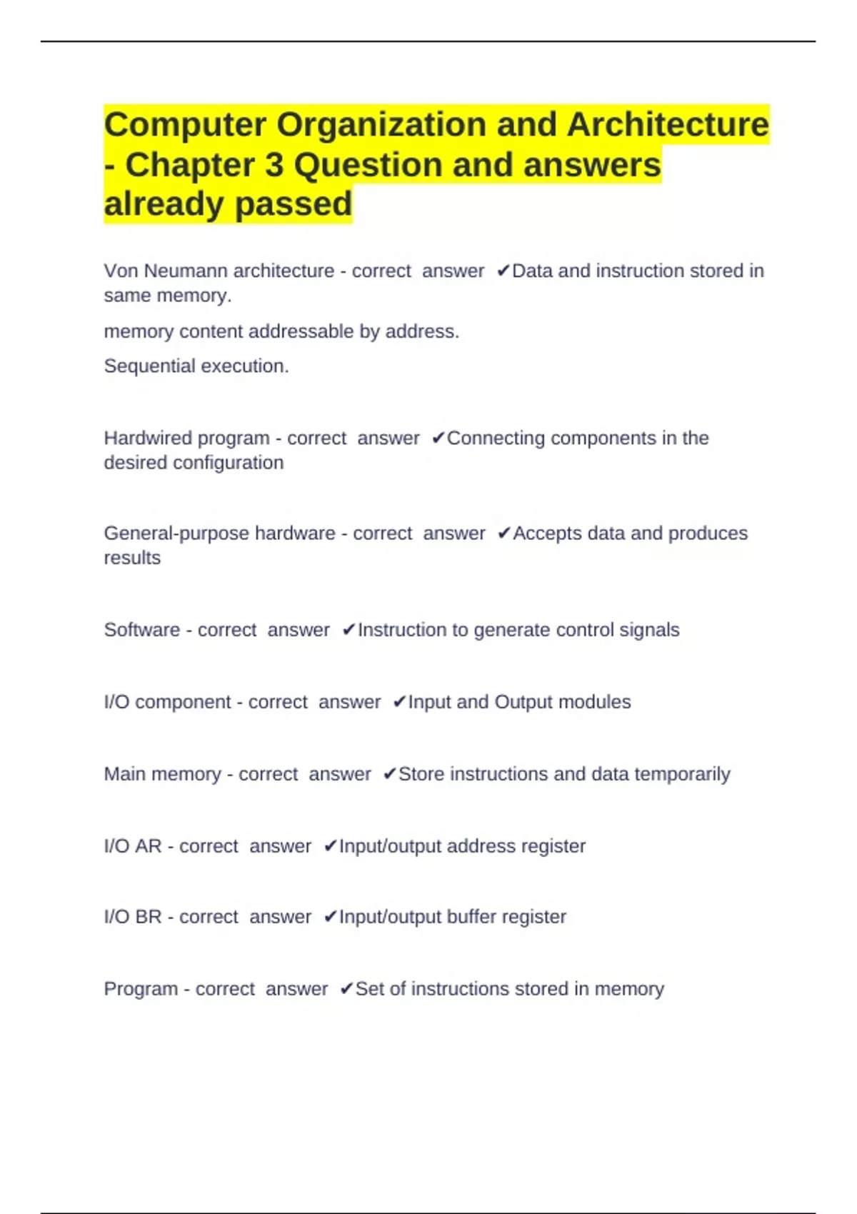 Computer organization and architecture Question and answers correctly solved - Computer ...