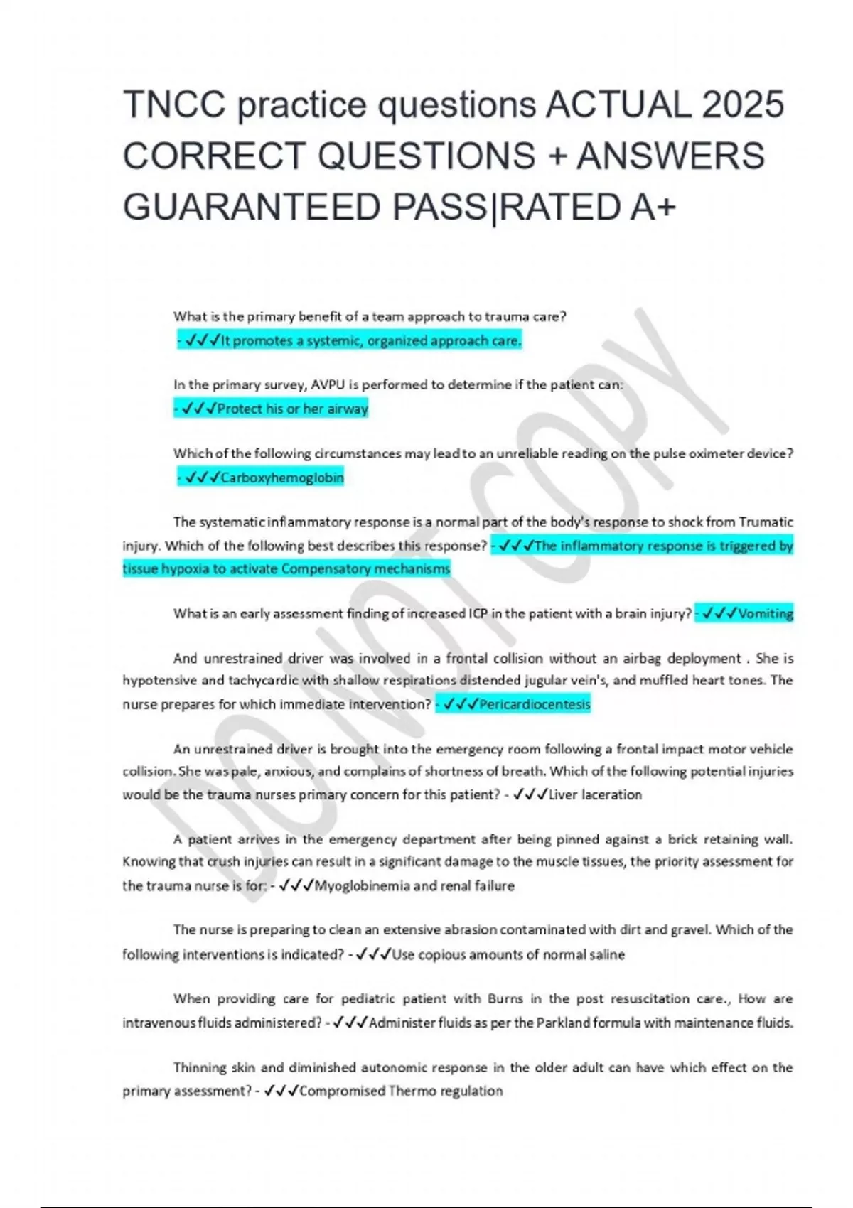 TNCC practice questions ACTUAL 2025 CORRECT QUESTIONS + ANSWERS ...