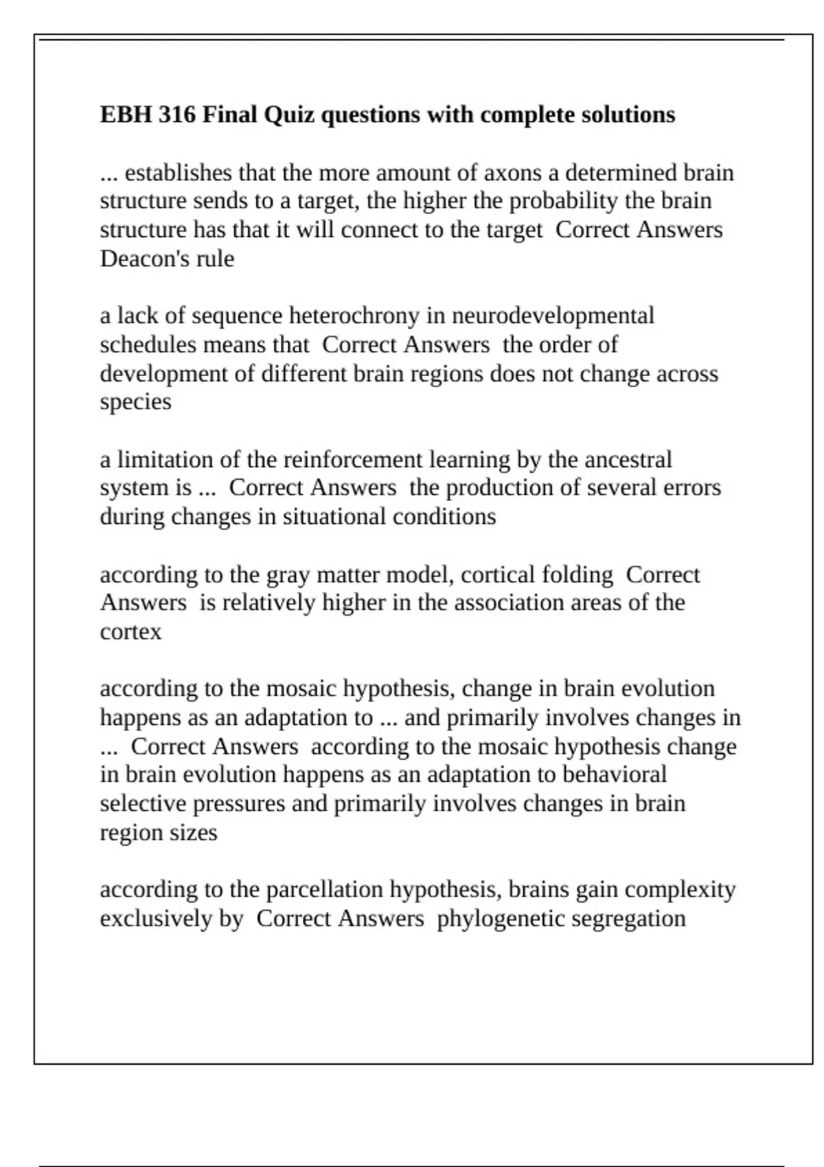 EBH 316 Final Quiz questions with complete solutions - EBH 316 - Stuvia US