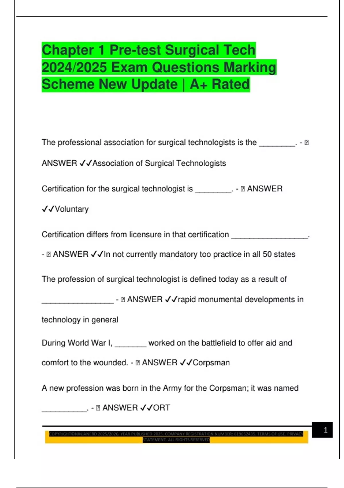 Chapter 1 Pre-test Surgical Tech 2024/2025 Exam Questions Marking ...